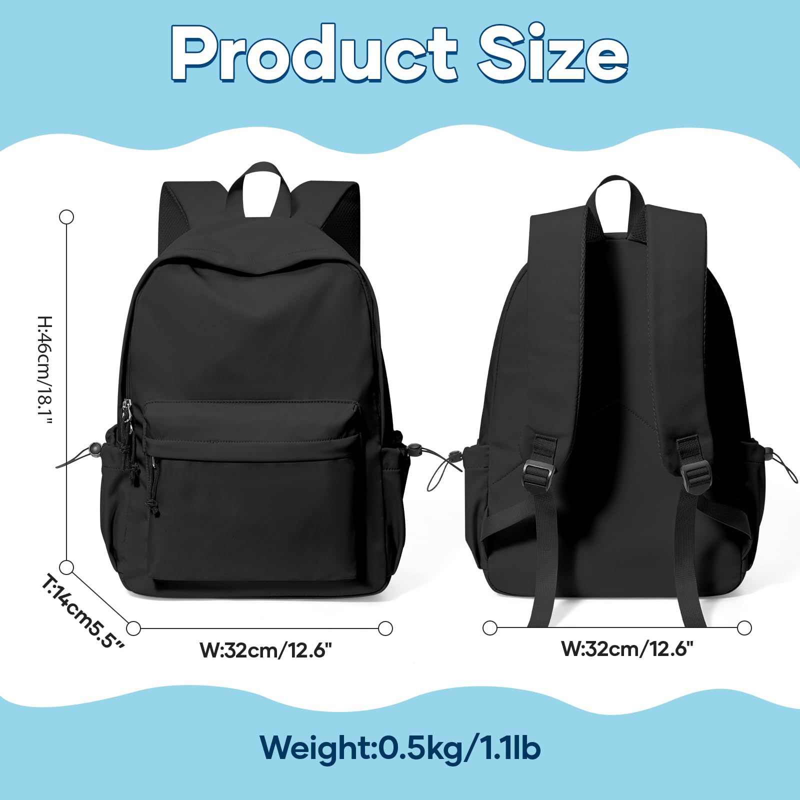 UPPACK Black Backpack Lightweight School Bag Bookbag Waterproof High School Middle School Students Backpack For Teen Boys Girls Cute Aesthetic Backpack Casual Daypack For Men Women