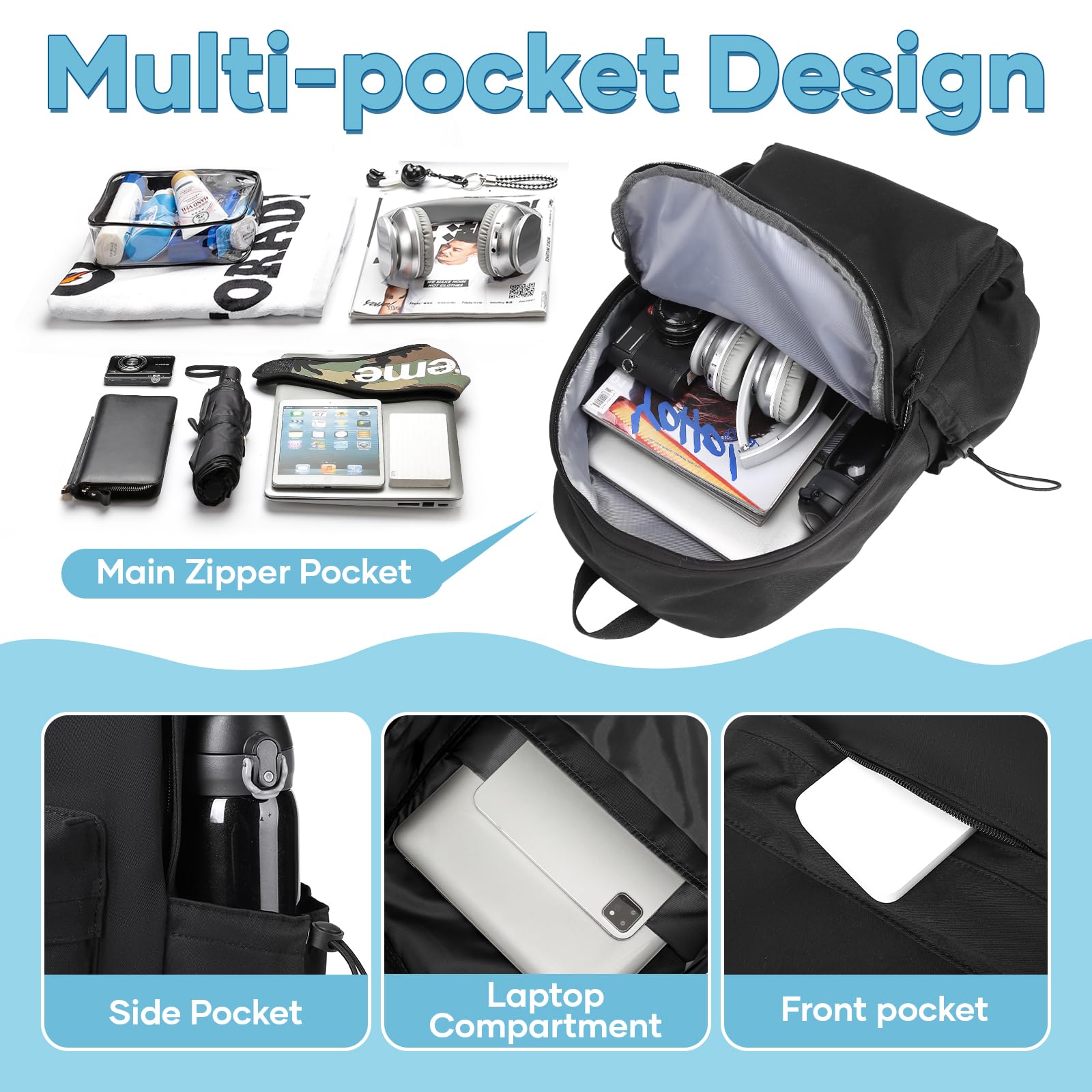 UPPACK Black Backpack Lightweight School Bag Bookbag Waterproof High School Middle School Students Backpack For Teen Boys Girls Cute Aesthetic Backpack Casual Daypack For Men Women