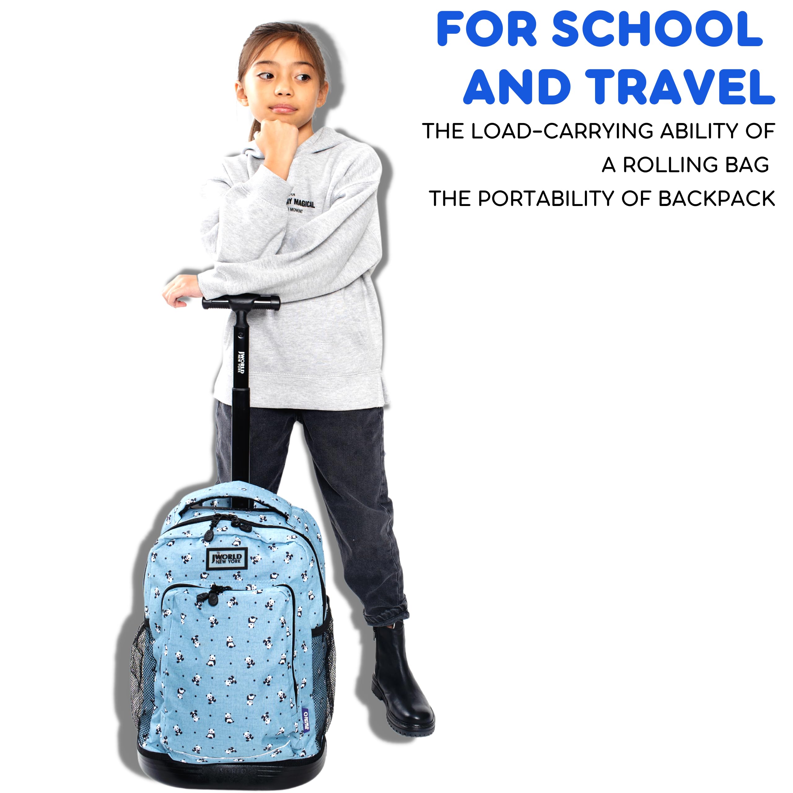 J World New York Sunny Rolling Backpack for Kids and Adults, Black, One Size