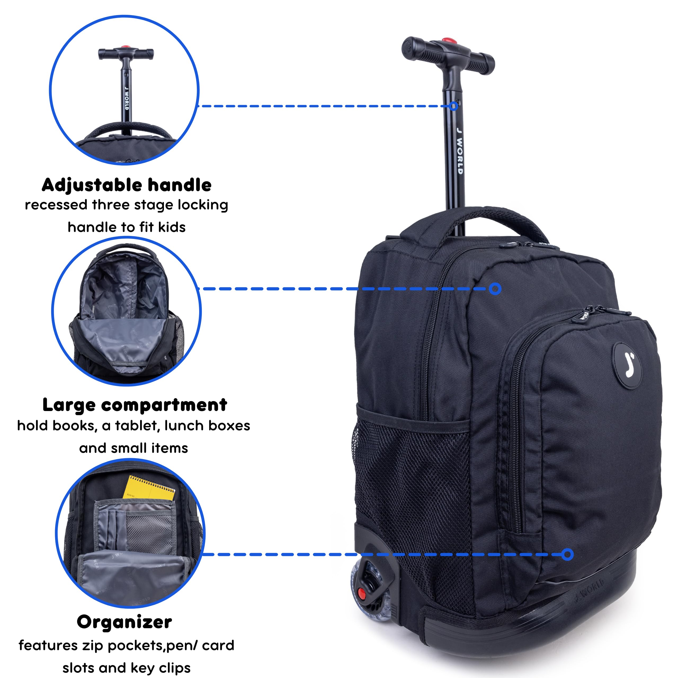 J World New York Sunny Rolling Backpack for Kids and Adults, Black, One Size