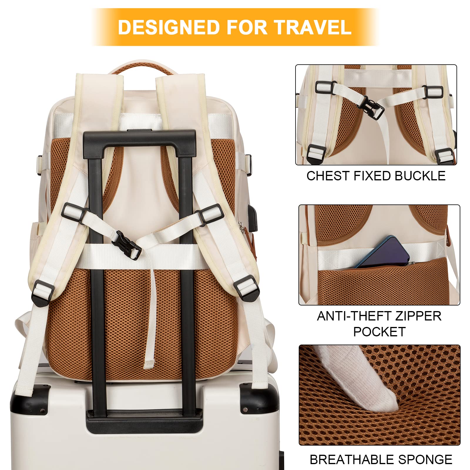 BAGODI Travel Laptop Backpack ,15.6 Inch Flight Approved Carry on Backpack,Waterproof Large 40L Hiking Backpack Casual Daypack (Khaki)