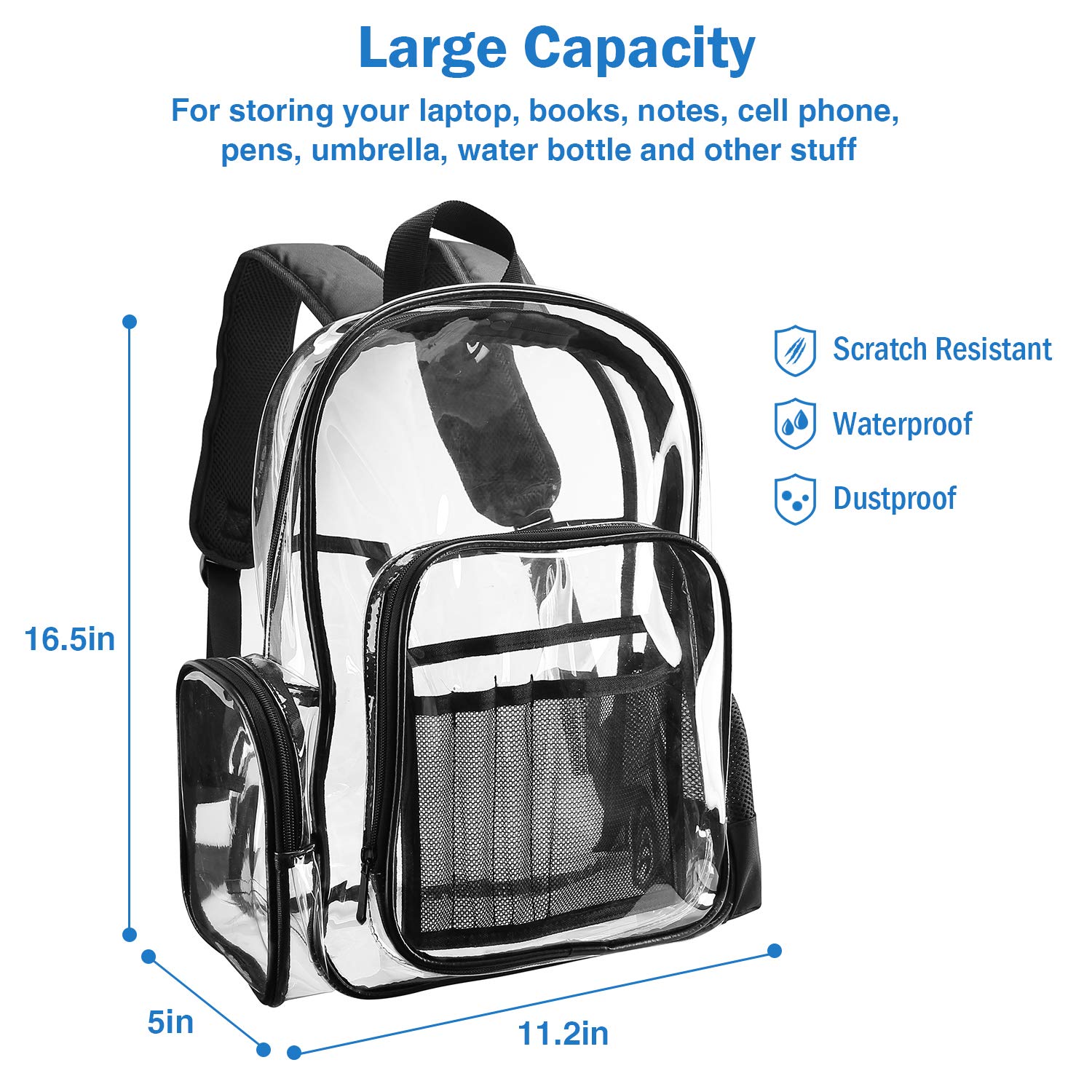ProCase Heavy Duty Clear Backpack, See Through Backpacks Transparent Clear Large Bookbag for School Work Stadium Security Travel Sporting Events -Clear