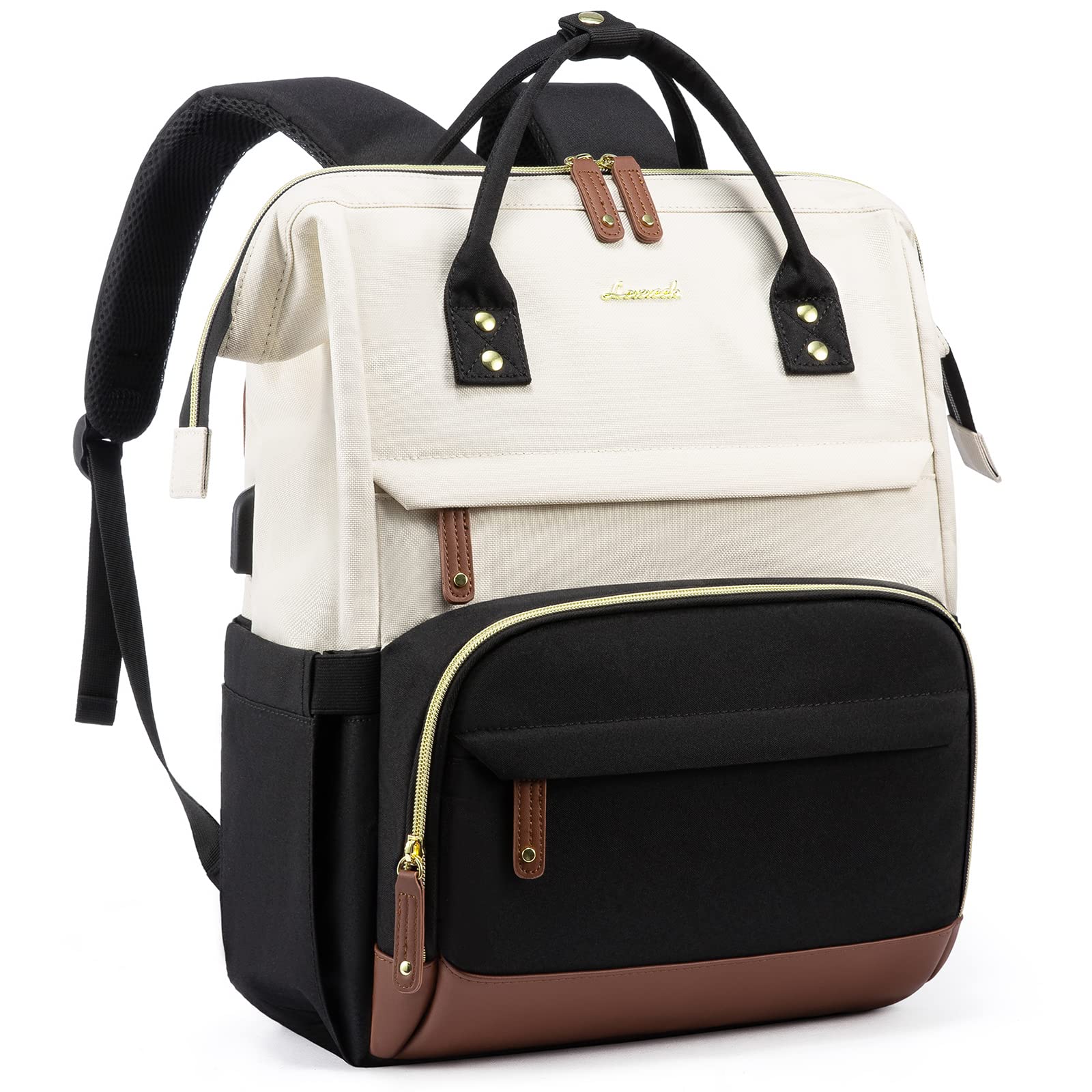 LOVEVOOK Laptop Backpack for Women, 15.6 Inch Work Business Backpacks Purse with USB Port, Large Capacity Teacher Nurse Bag College Bookbag, Waterproof Casual Daypack for Travel,Black-White-Brown