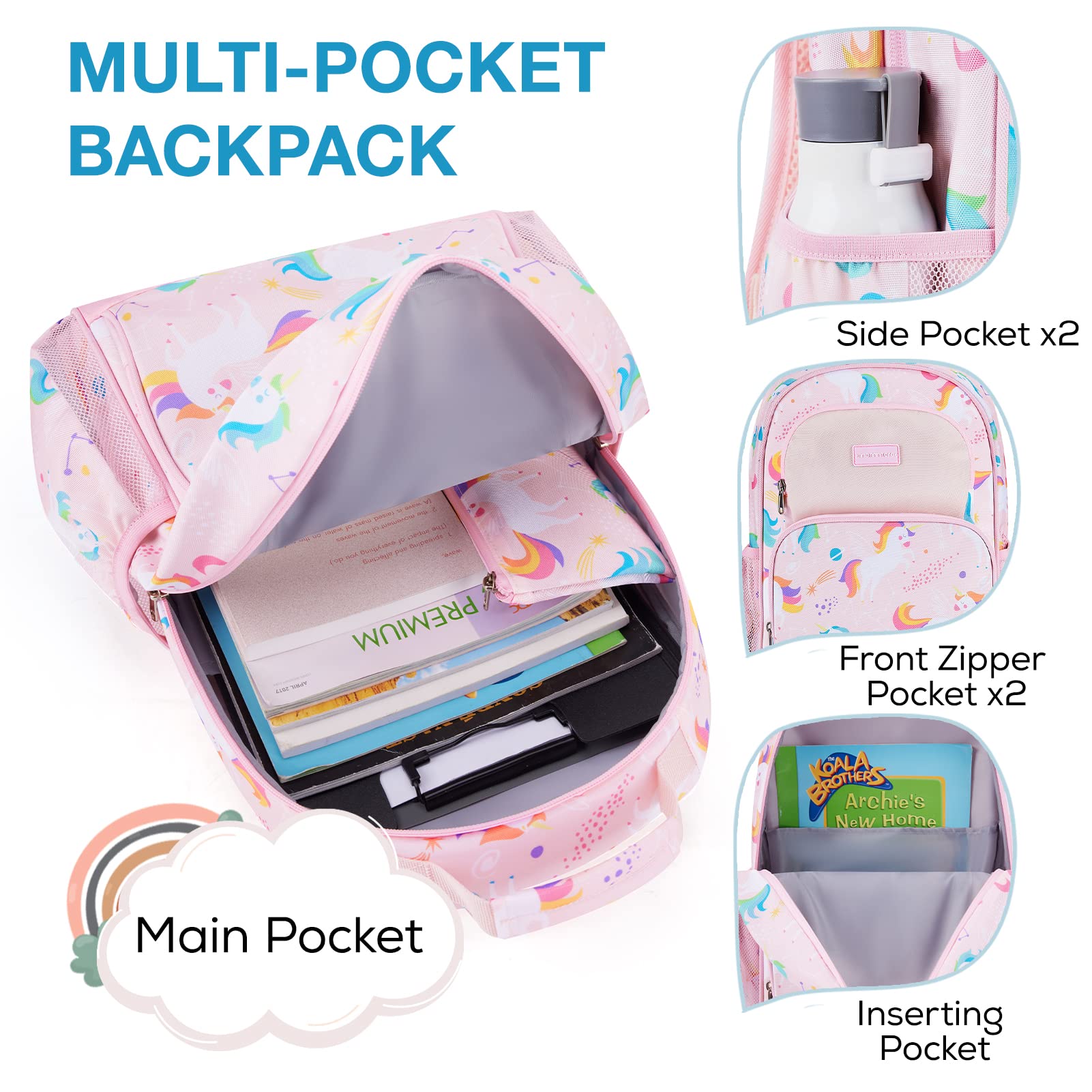 mommore Kids Backpack Set, Unicorn Backpack for Girls Lightweight Elementary Bookbag for Students School Backpack for Children with Chest Strap Water Resistant, 3pcs pink