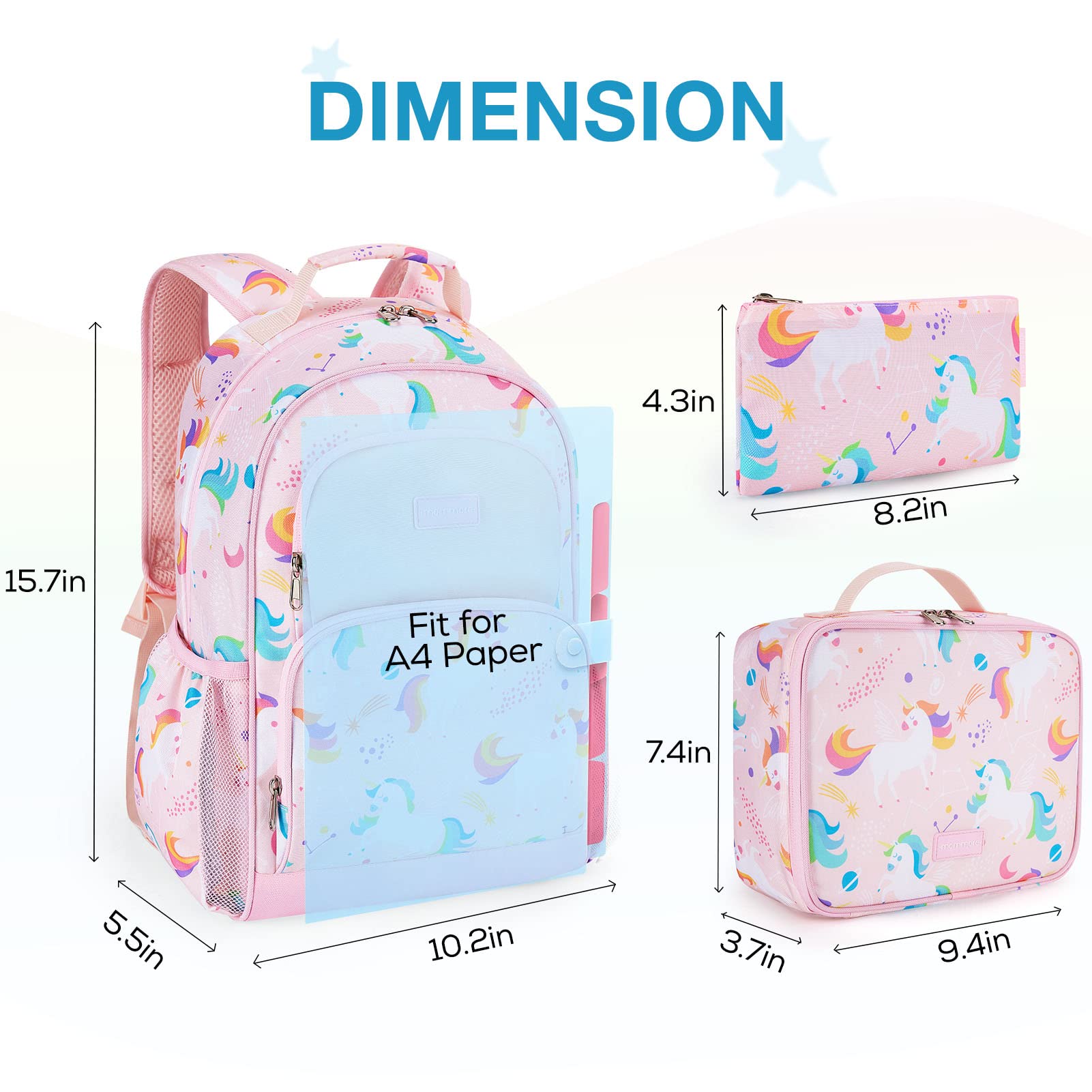 mommore Kids Backpack Set, Unicorn Backpack for Girls Lightweight Elementary Bookbag for Students School Backpack for Children with Chest Strap Water Resistant, 3pcs pink