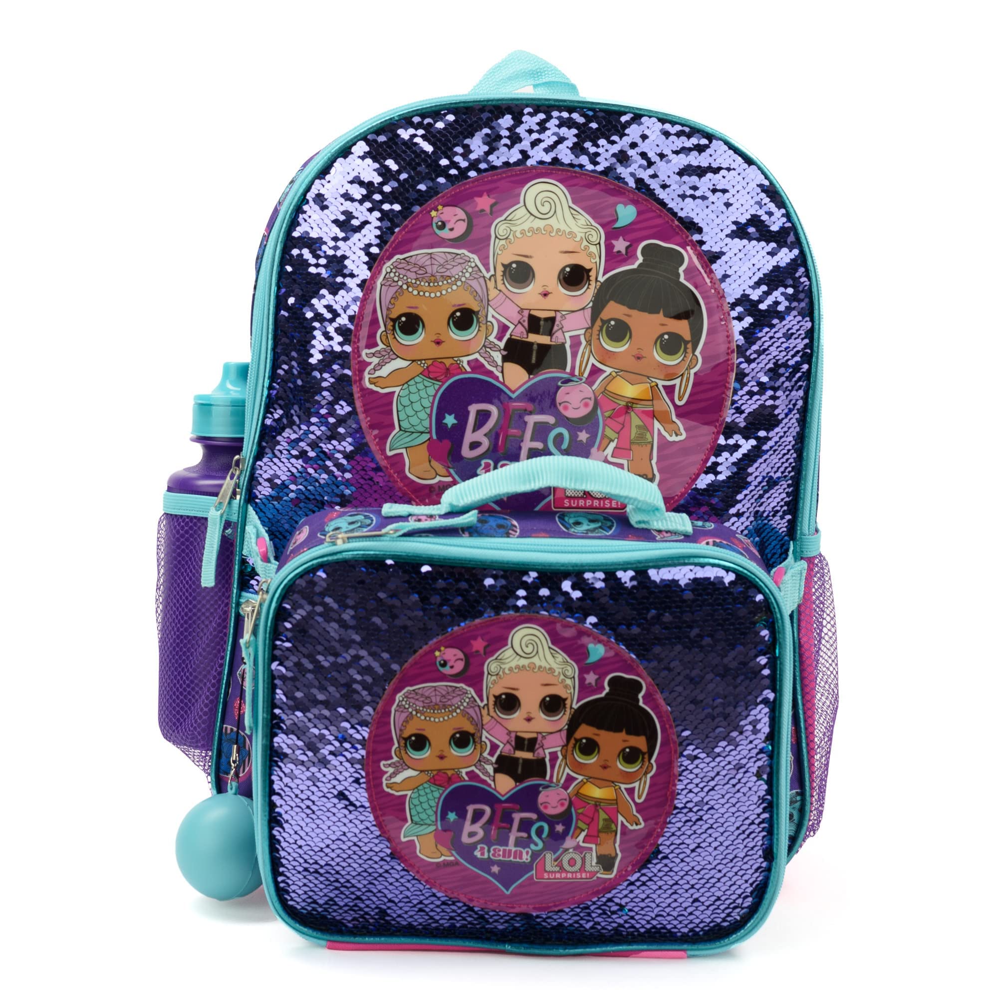 LOL Girl’s 4 Piece Backpack Set, Sequined School Bag with Front Zip Pocket, 2 Side Mesh Pockets, Insulated Lunch Box, Water Bottle, and Squish Ball Dangle, Purple and Teal