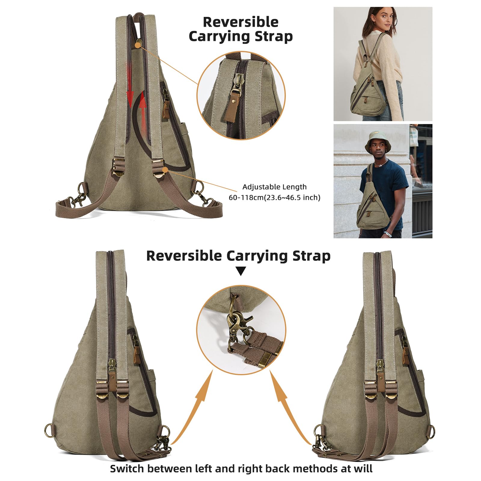 Canvas Sling Bag - Small Crossbody Backpack Shoulder Casual Daypack Rucksack for Men Women Outdoor Cycling Hiking Travel
