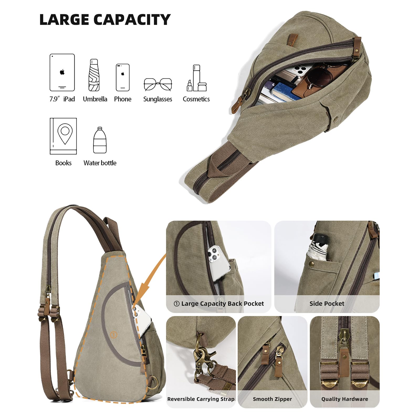 Canvas Sling Bag - Small Crossbody Backpack Shoulder Casual Daypack Rucksack for Men Women Outdoor Cycling Hiking Travel