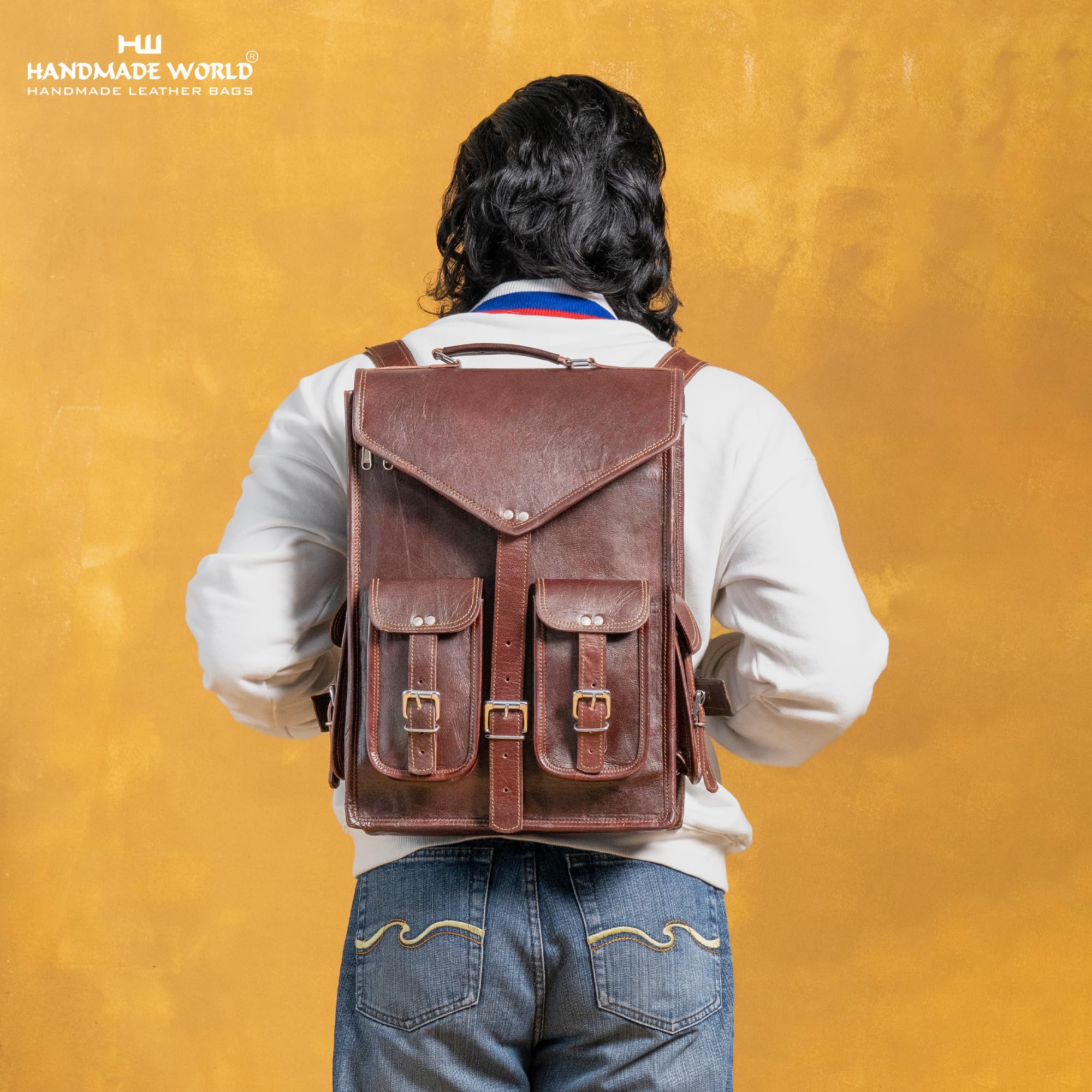 Handmade World Brown Vintage Leather Backpack Laptop Messenger Bag Rucksack Sling for Men Women (12" x 16")