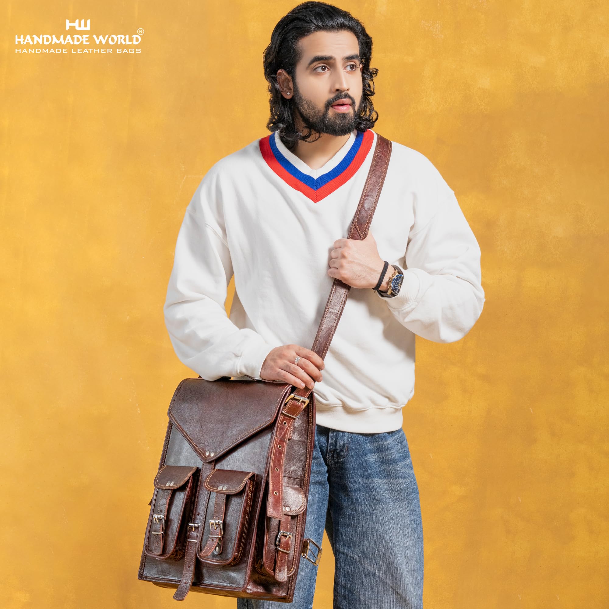 Handmade World Brown Vintage Leather Backpack Laptop Messenger Bag Rucksack Sling for Men Women (12" x 16")
