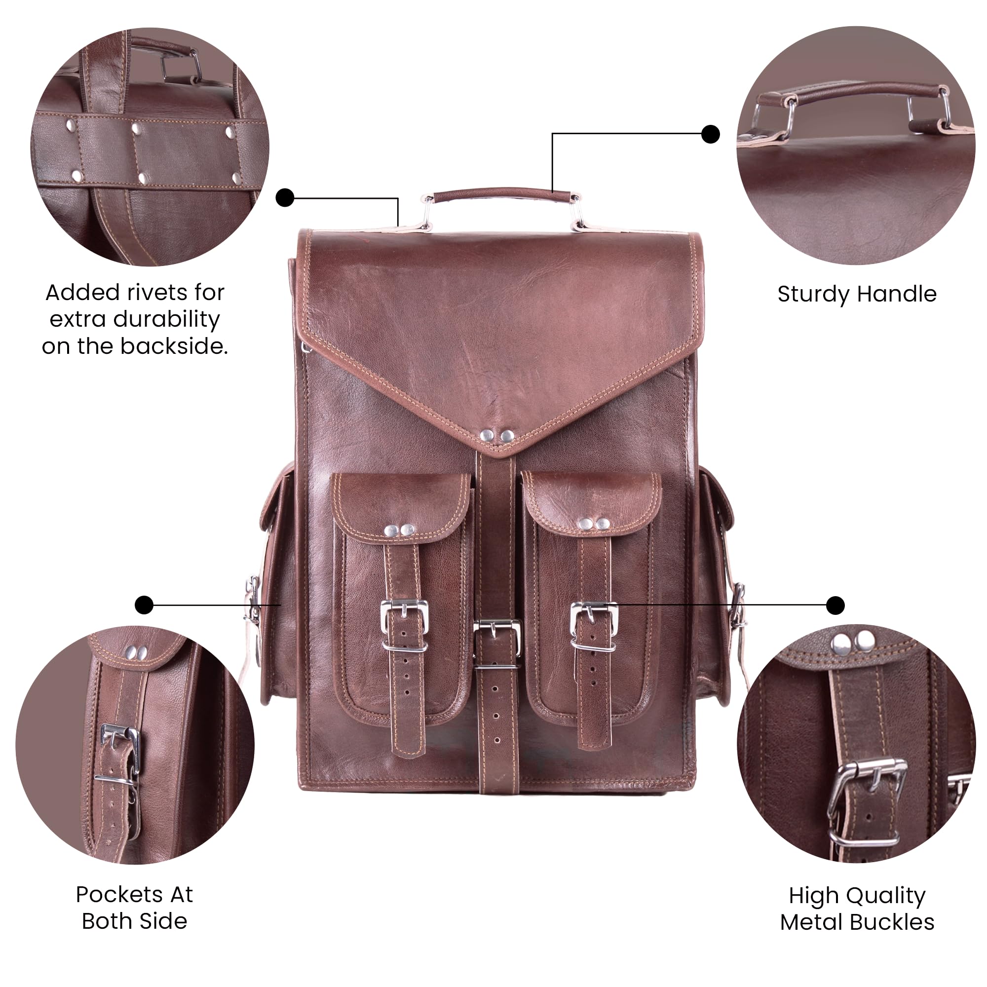 Handmade World Brown Vintage Leather Backpack Laptop Messenger Bag Rucksack Sling for Men Women (12" x 16")