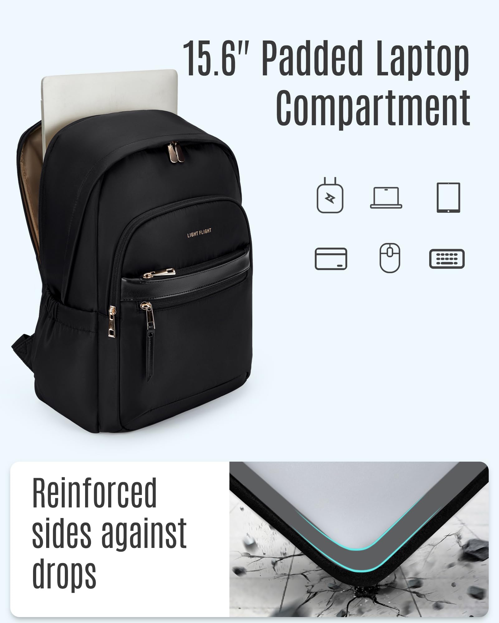 LIGHT FLIGHT Laptop Backpack for Women fits 15.6'' Computer School Backpack with USB Charging Port, for Book Bag Work College Business Travel,Black