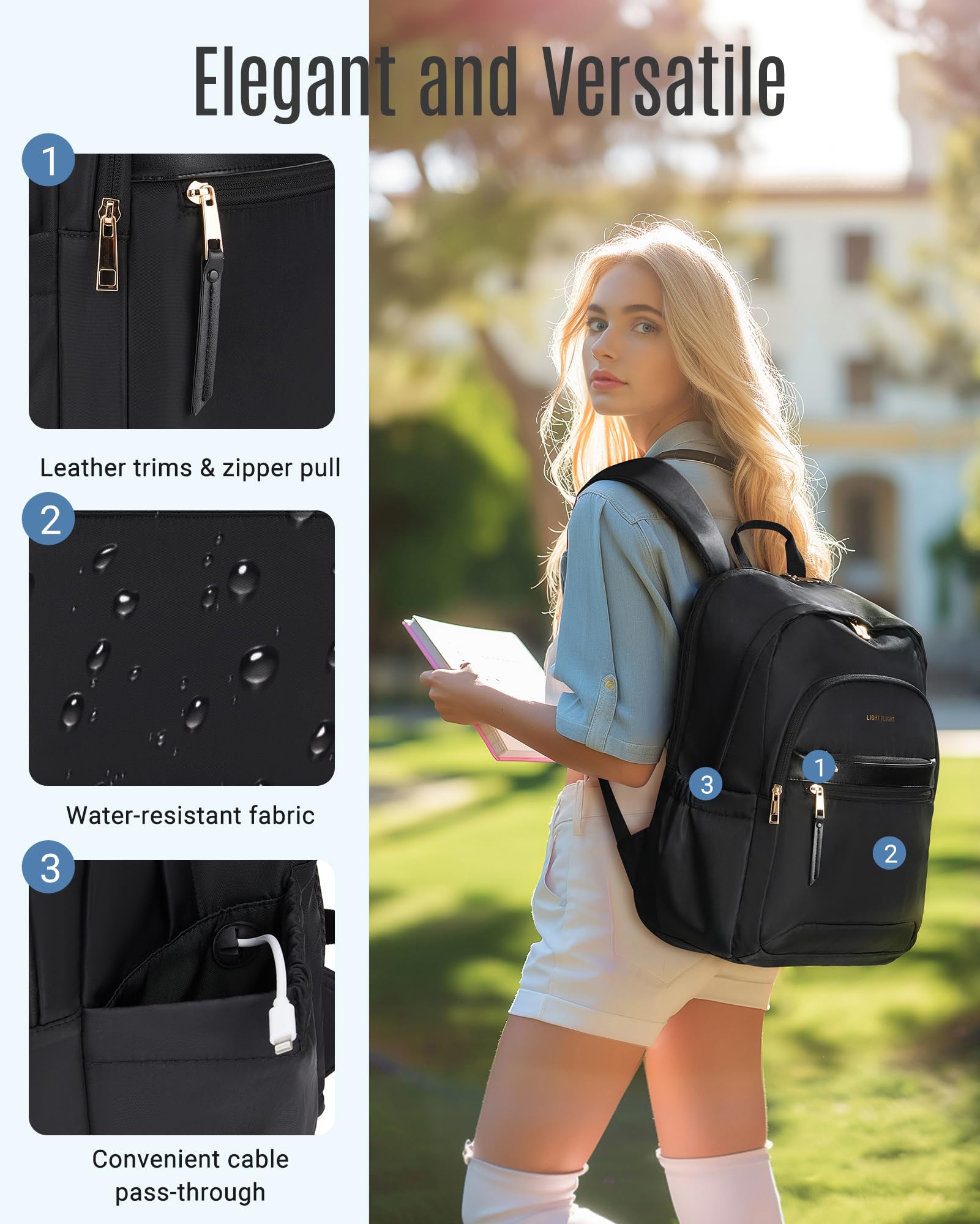 LIGHT FLIGHT Laptop Backpack for Women fits 15.6'' Computer School Backpack with USB Charging Port, for Book Bag Work College Business Travel,Black