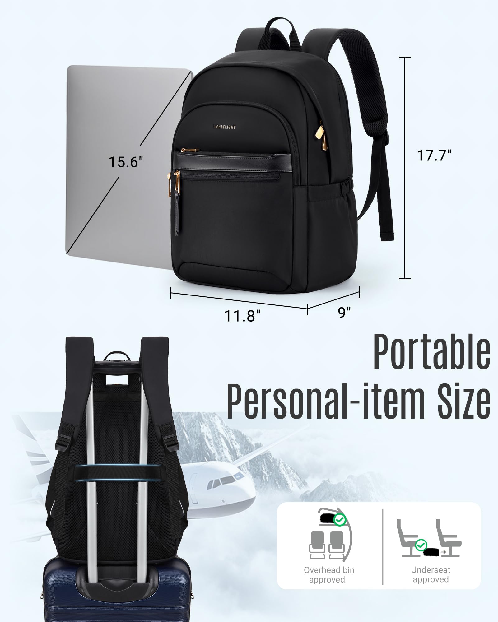 LIGHT FLIGHT Laptop Backpack for Women fits 15.6'' Computer School Backpack with USB Charging Port, for Book Bag Work College Business Travel,Black