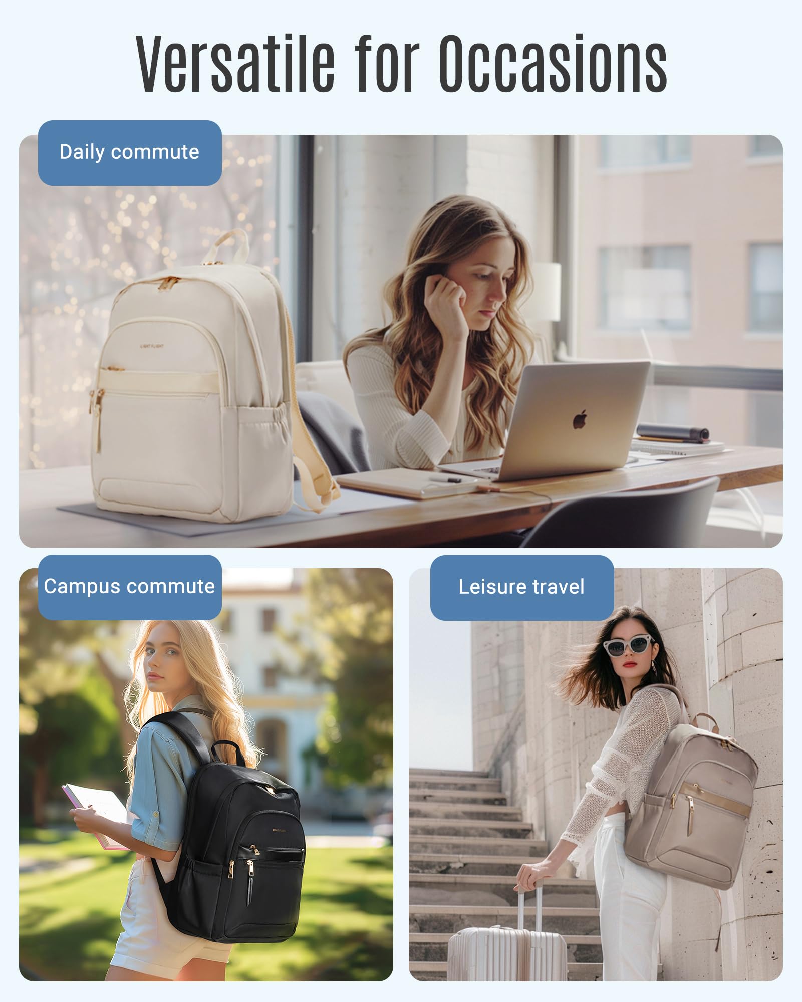 LIGHT FLIGHT Laptop Backpack for Women fits 15.6'' Computer School Backpack with USB Charging Port, for Book Bag Work College Business Travel,Black