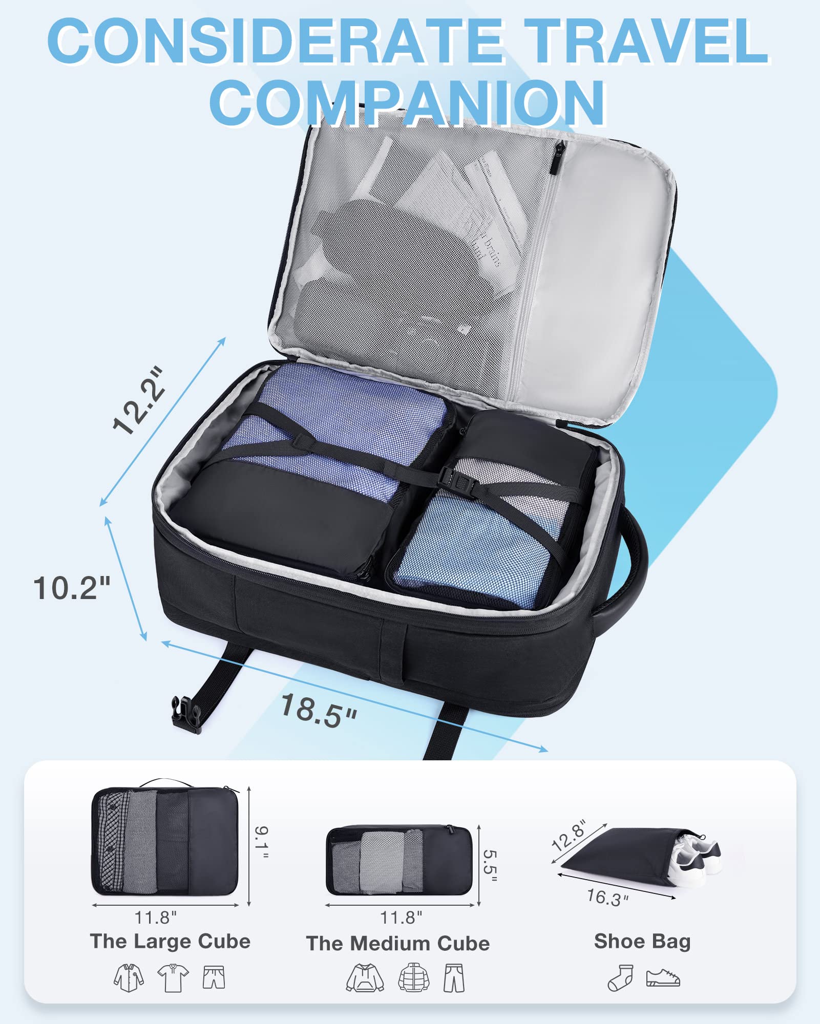 BAGSMART Travel Laptop Backpack, 40L Expandable Airline Approved Carry On Backpack, 17 Inch Luggage Backpack Suitcase with Packing cubes, Water Resistant Weekender Black Backpack with Shoe Bag, Black