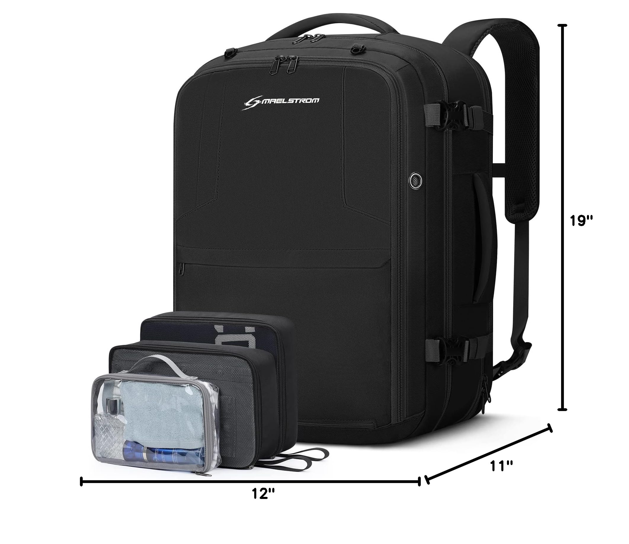 Maelstrom 40-50L Carry on Backpack,Travel Backpack for Men Women,17.3 Inch TSA Flight Approved Laptop Backpack with Hidden Shoe Bag, Expandable Large Computer Business Suitcase Backpacks-Black