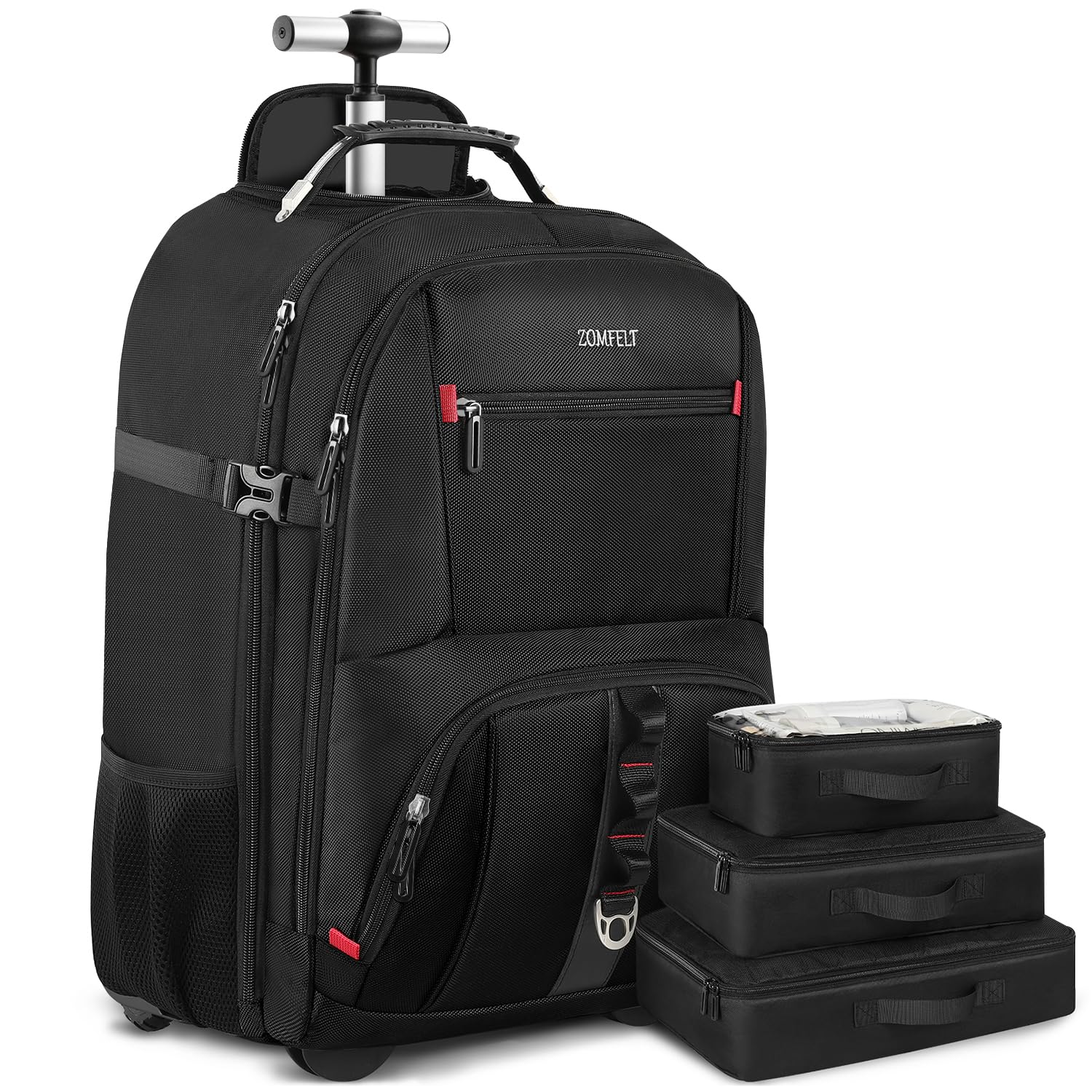 Rolling Backpack, ZOMFELT Wheeled Backpack with 3 Travel Luggage Organizers, Water Resistant Rolling Laptop Backpack for Travel Work College, Luggage Business Bag for Men Women Fits 17.3 Inch Notebook
