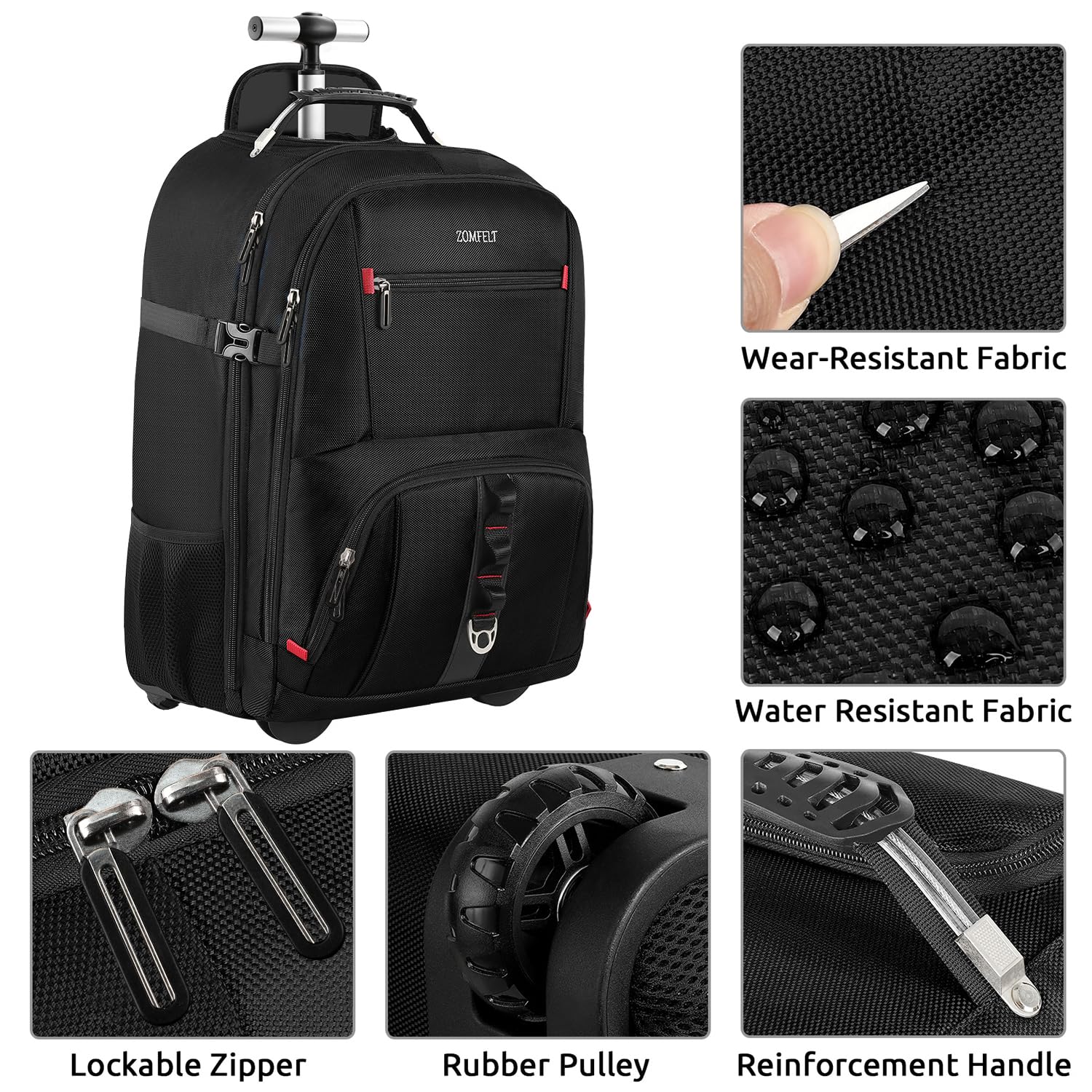 Rolling Backpack, ZOMFELT Wheeled Backpack with 3 Travel Luggage Organizers, Water Resistant Rolling Laptop Backpack for Travel Work College, Luggage Business Bag for Men Women Fits 17.3 Inch Notebook