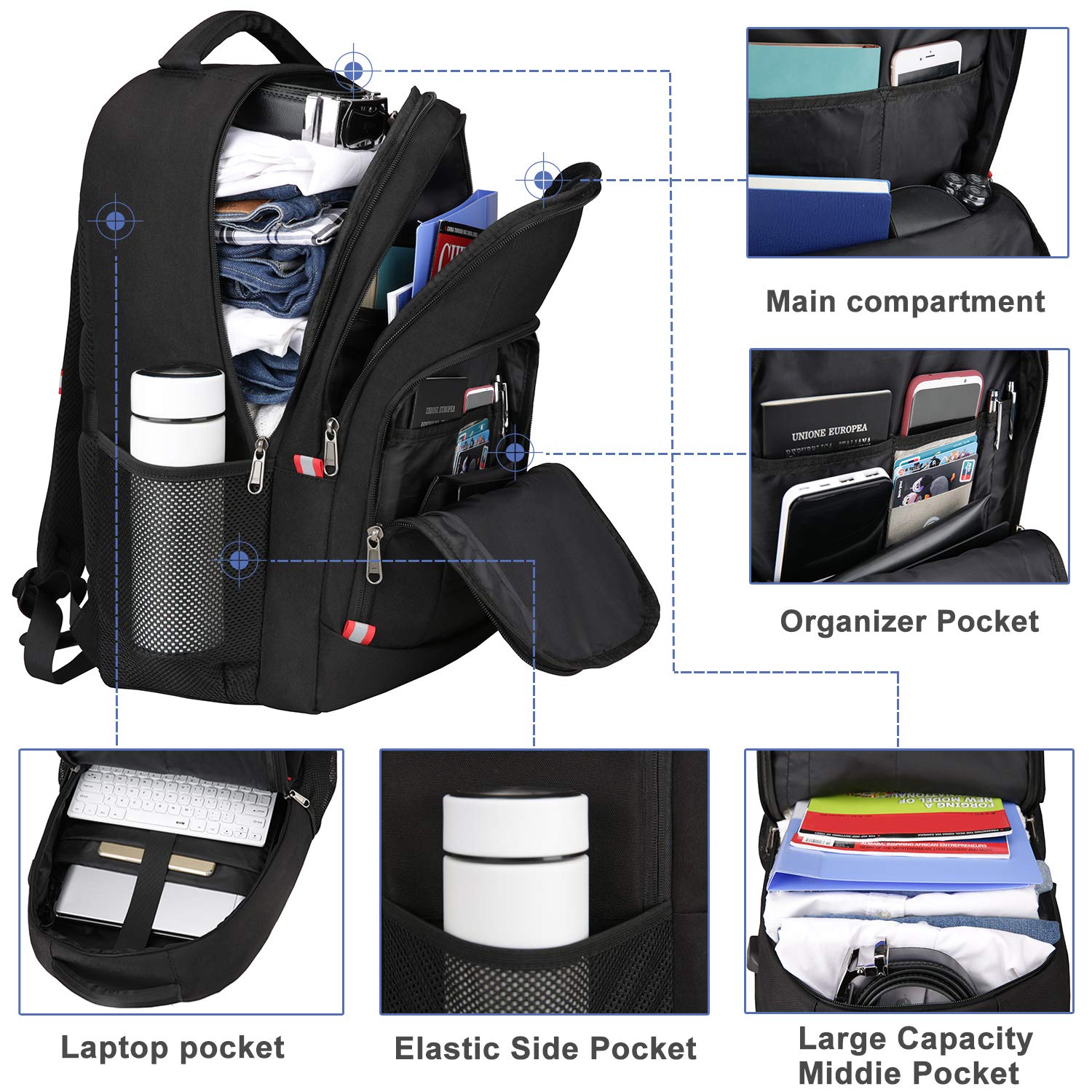 Travel Laptop Backpack,Extra Large Anti Theft College School Backpack for Men and Women with USB Charging Port,Water Resistant Big Business Computer Backpack Bag Fit 17 Inch Laptop and Notebook,Black