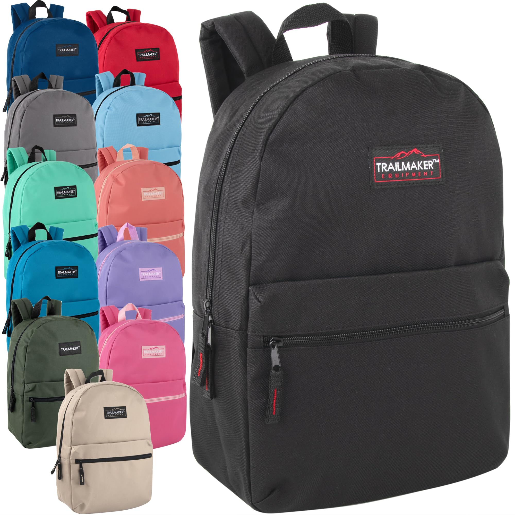 Trail maker 24 Pack Classic Backpacks in Bulk Wholesale Back Packs for Boys and Girls (Assorted 12 Color Pack)