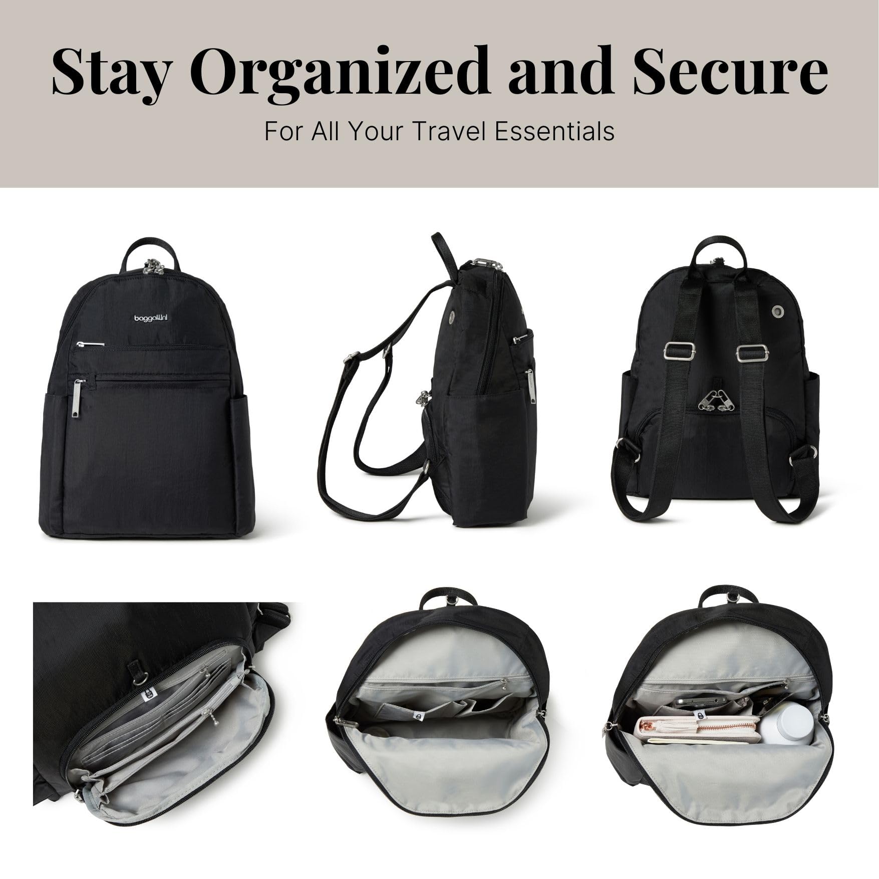 Baggallini womens Securtex® Anti-theft Vacation Backpack, Black, One Size US