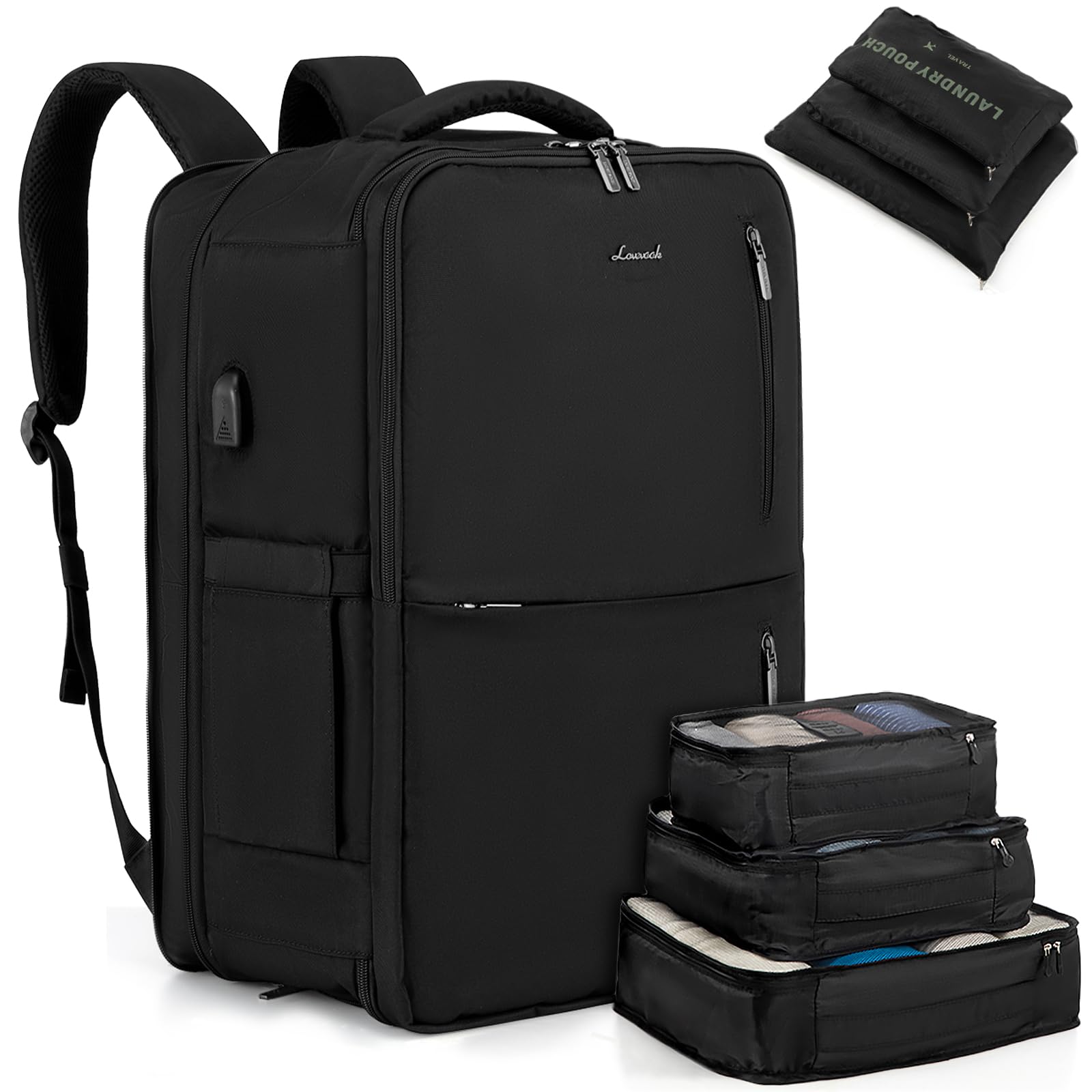LOVEVOOK Travel Backpack for Women Men, Carry On Backpack 17Inch Laptop Backpacks Luggage Backpack Suitcase with Shoe Compartment with 6 Packing Cubes, with USB Port Flight Approved, Black