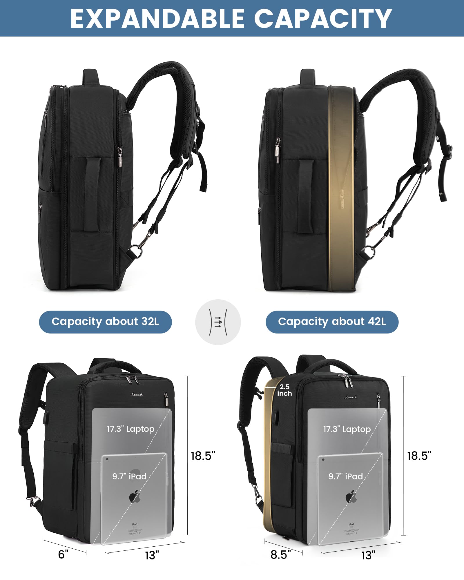 LOVEVOOK Travel Backpack for Women Men, Carry On Backpack 17Inch Laptop Backpacks Luggage Backpack Suitcase with Shoe Compartment with 6 Packing Cubes, with USB Port Flight Approved, Black