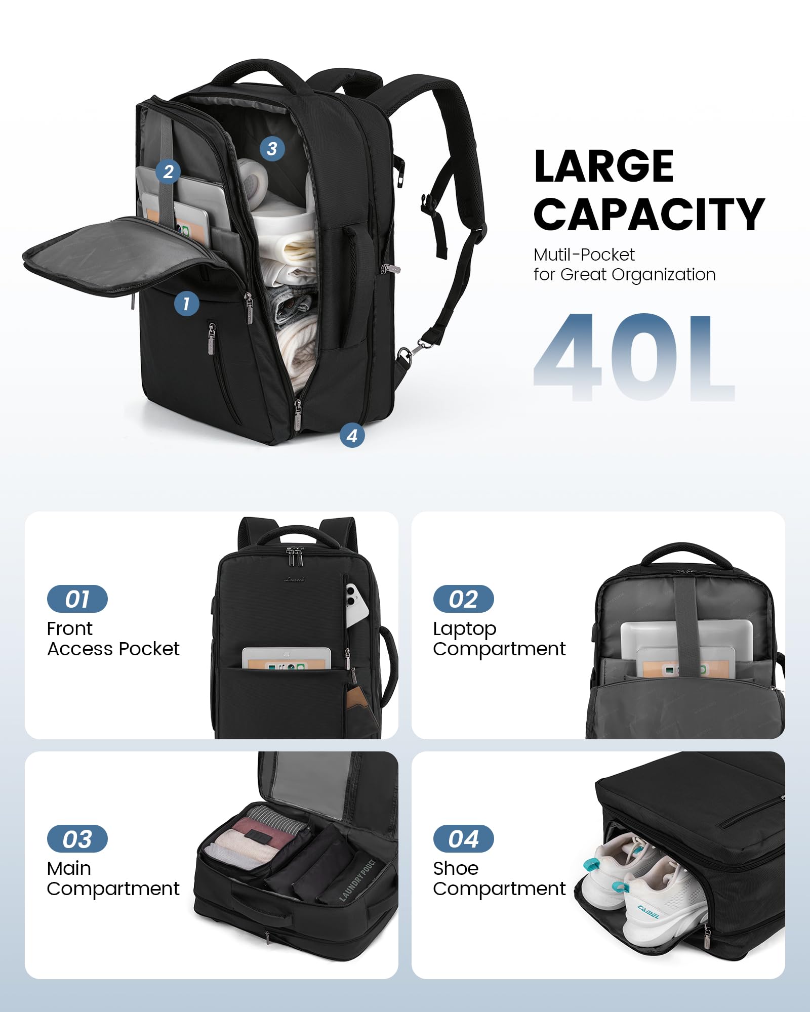 LOVEVOOK Travel Backpack for Women Men, Carry On Backpack 17Inch Laptop Backpacks Luggage Backpack Suitcase with Shoe Compartment with 6 Packing Cubes, with USB Port Flight Approved, Black