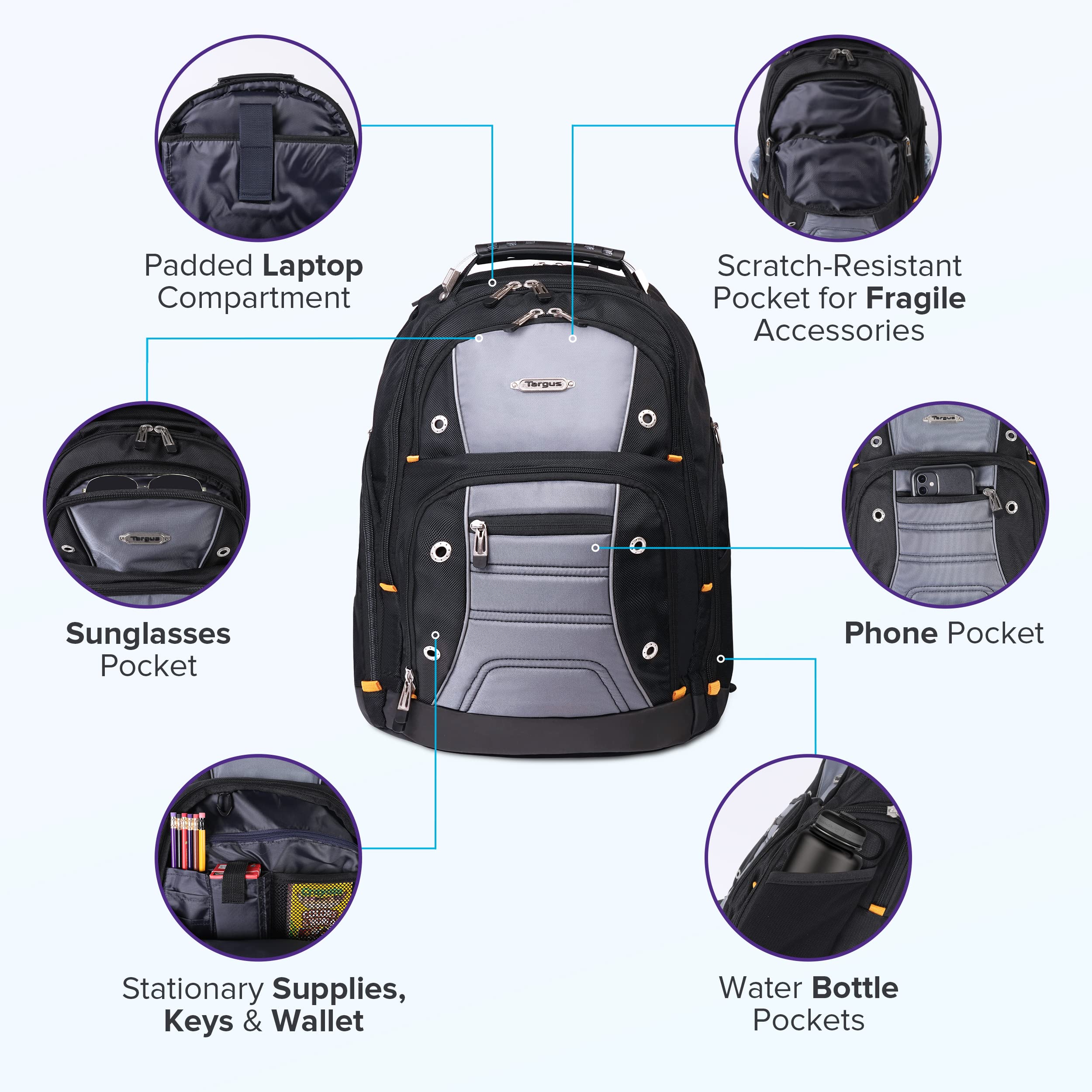 Targus Drifter II Backpack Design for Business Professional Commuter with Large Compartments, Durable Water Resistant, Hidden Zip Pocket, Protective Sleeve fits 17-Inch Laptop, Black/Gray (TSB239US)