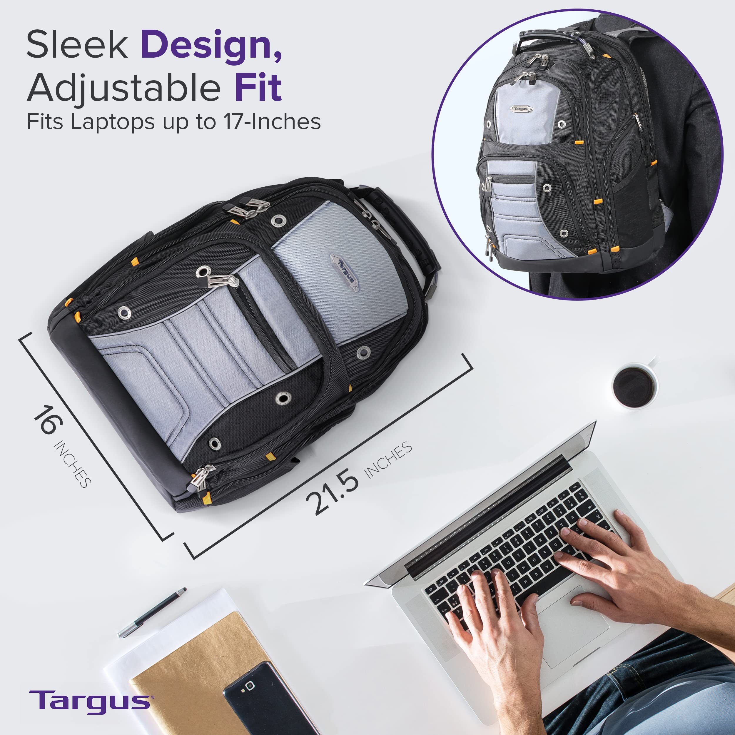Targus Drifter II Backpack Design for Business Professional Commuter with Large Compartments, Durable Water Resistant, Hidden Zip Pocket, Protective Sleeve fits 17-Inch Laptop, Black/Gray (TSB239US)
