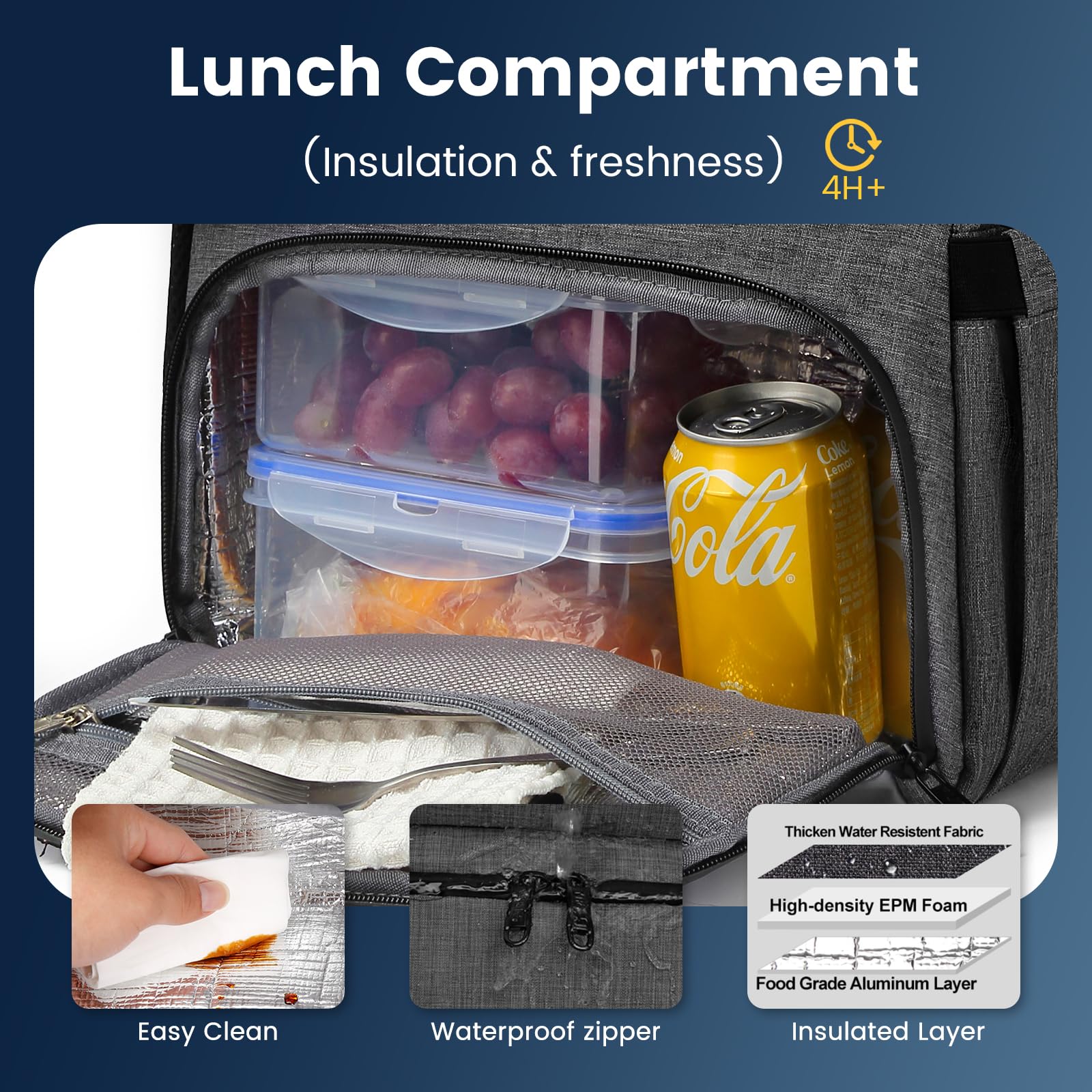 Lunch Backpack, Insulated Cooler Backpack Lunch Box for Men Women, 15.6 Inches RFID Blocking Laptop Backpack with USB Port, Water Resistant Leak-proof Lunch Bag for Work School Picnics Hiking Black