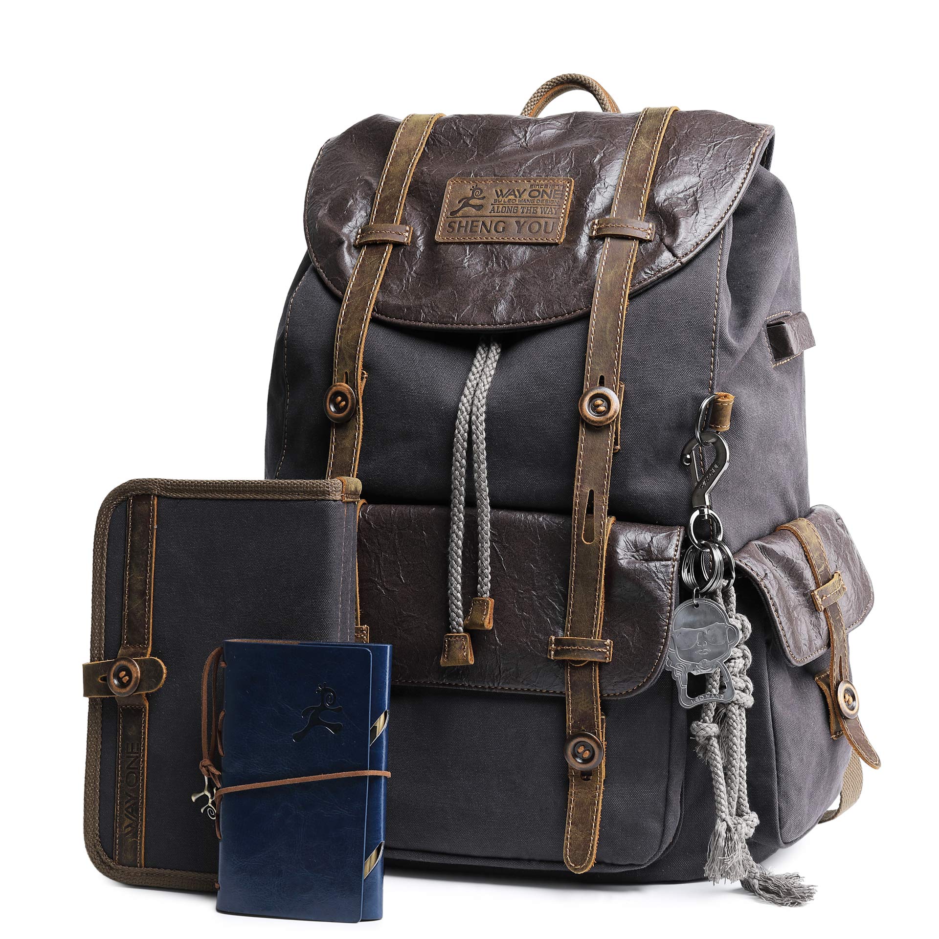 Premium Canvas and Leather Backpack for Men Vintage Backpacks Waterproof Rucksack Knapsack for Mens Hiking Travel Outdoor Grey,Durable Distressed Genuine Leather with Canvas Laptop Backpack Daypack
