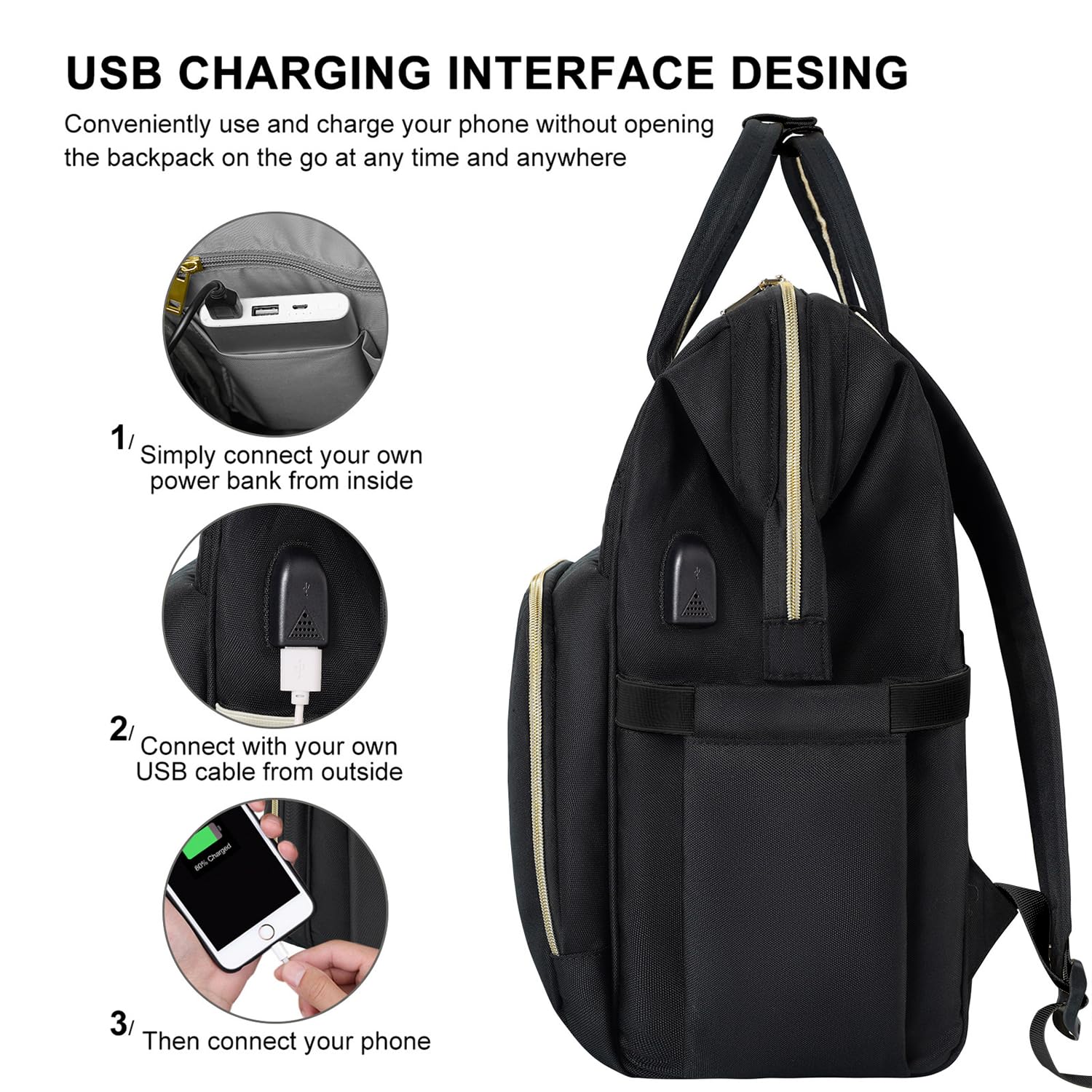 VSNOON Laptop Backpack for Women, 15.6 Inch Travel Backpack with USB Port Charging, Water Resistant Casual Durable Work Computer Bag for Women Men Girls, Black