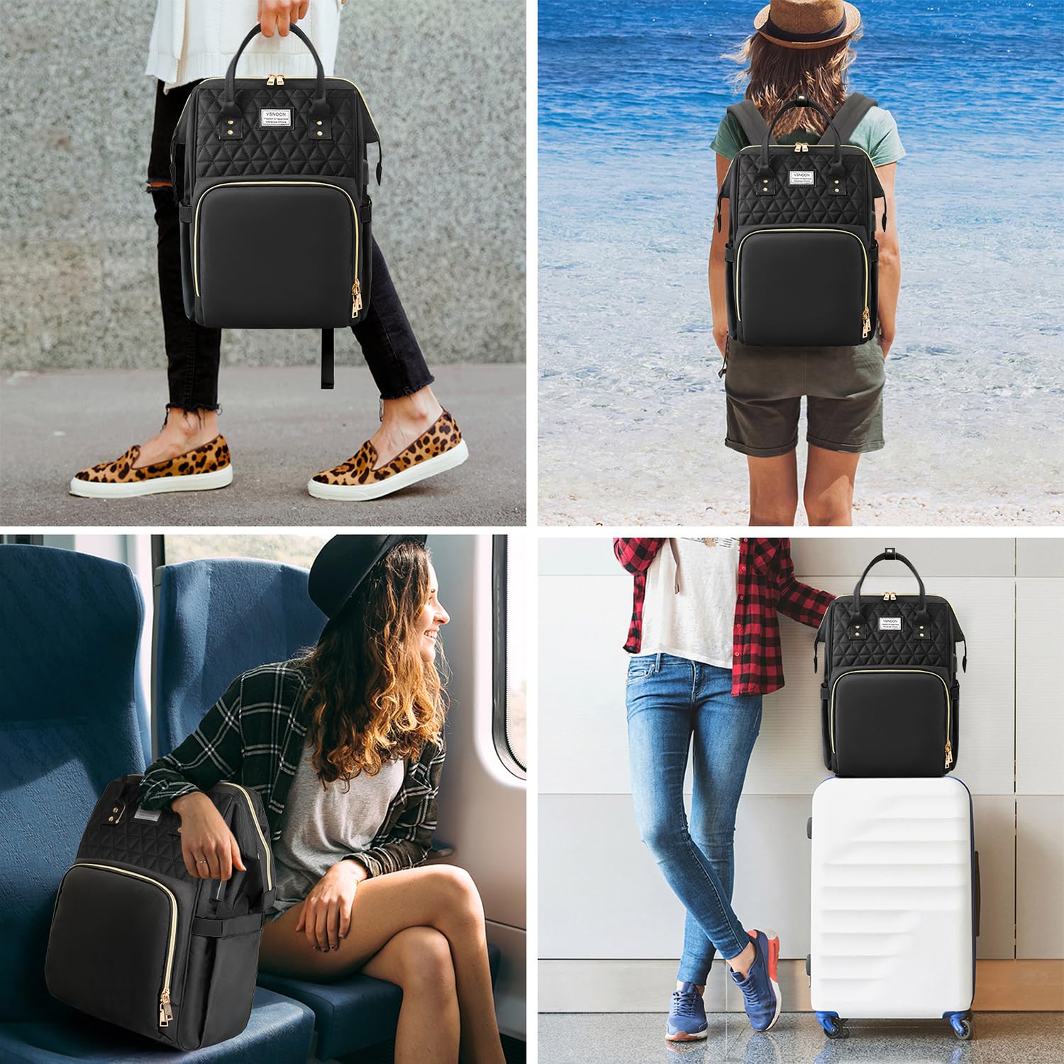VSNOON Laptop Backpack for Women, 15.6 Inch Travel Backpack with USB Port Charging, Water Resistant Casual Durable Work Computer Bag for Women Men Girls, Black