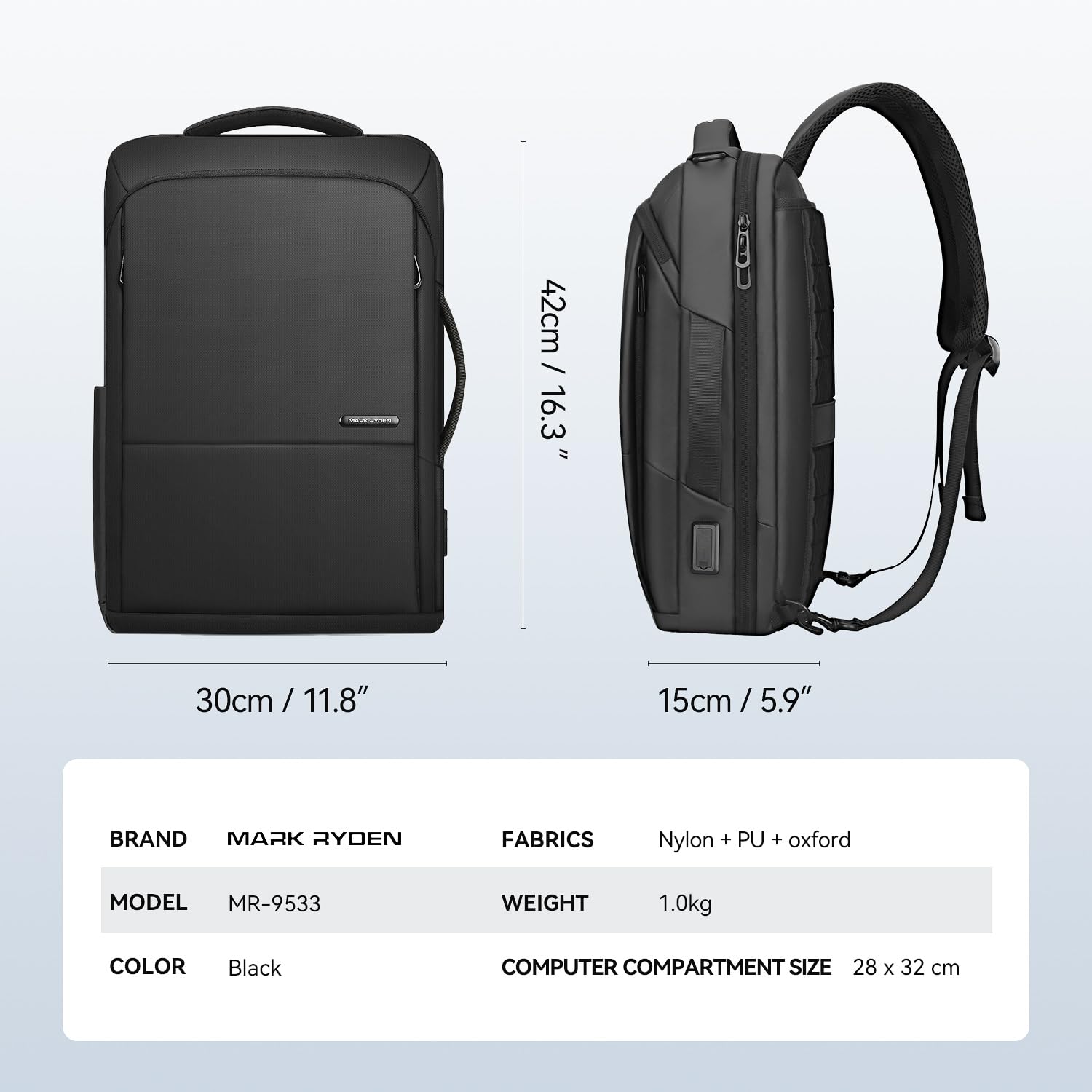 MARK RYDEN Slim Backpack for Men, 15.6 Inch Laptop Backpack, 3 in 1 Waterproof High Tech Backpack with Removable Buckle and USB Charging Port, Business Backpack Ideal for Working, Commuting, Daily