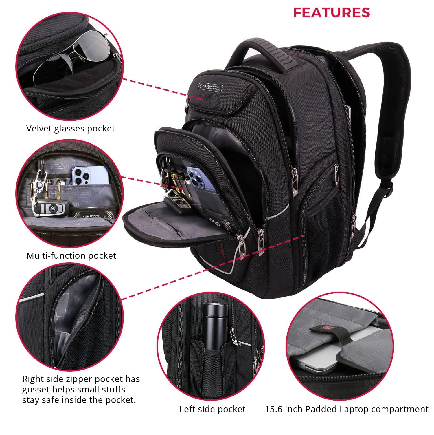 Swissdigital Design Terabyte TSA Laptop Backpack Men's USB Charging Port Large Capacity Business Travel Backpack Black(J16BTFB-41)| With Apple Find My Network
