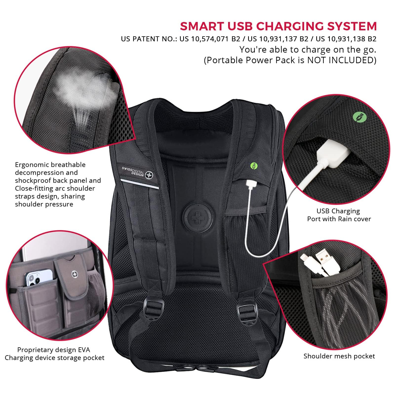 Swissdigital Design Terabyte TSA Laptop Backpack Men's USB Charging Port Large Capacity Business Travel Backpack Black(J16BTFB-41)| With Apple Find My Network