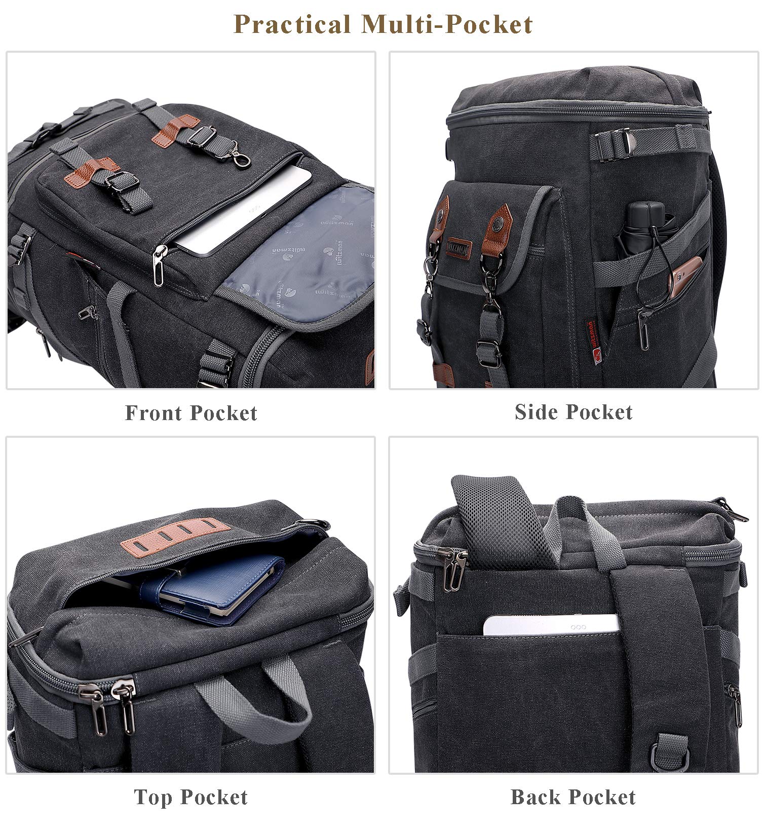 WITZMAN Travel Backpack for Men Women Canvas Backpack Carry on Luggage Rucksack Convertible Duffel Bag Large (A568 Black)