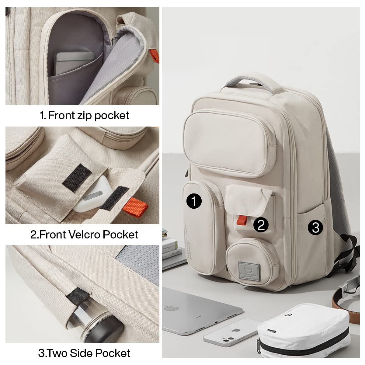 Mixi Travel Backpack for Women & Men 15.6'' Laptop Carry On Weekender Bag Outdoor Hiking with Multifunction Pockets 180° Open Water Resistant 18 Inch 22L, Moonlight White