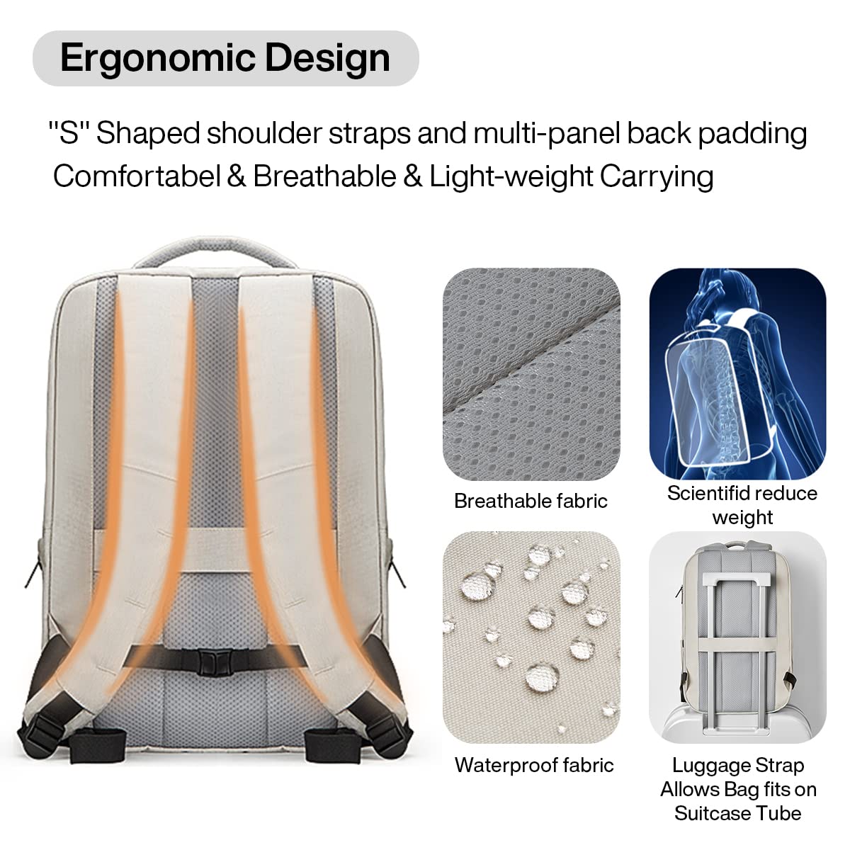 Mixi Travel Backpack for Women & Men 15.6'' Laptop Carry On Weekender Bag Outdoor Hiking with Multifunction Pockets 180° Open Water Resistant 18 Inch 22L, Moonlight White