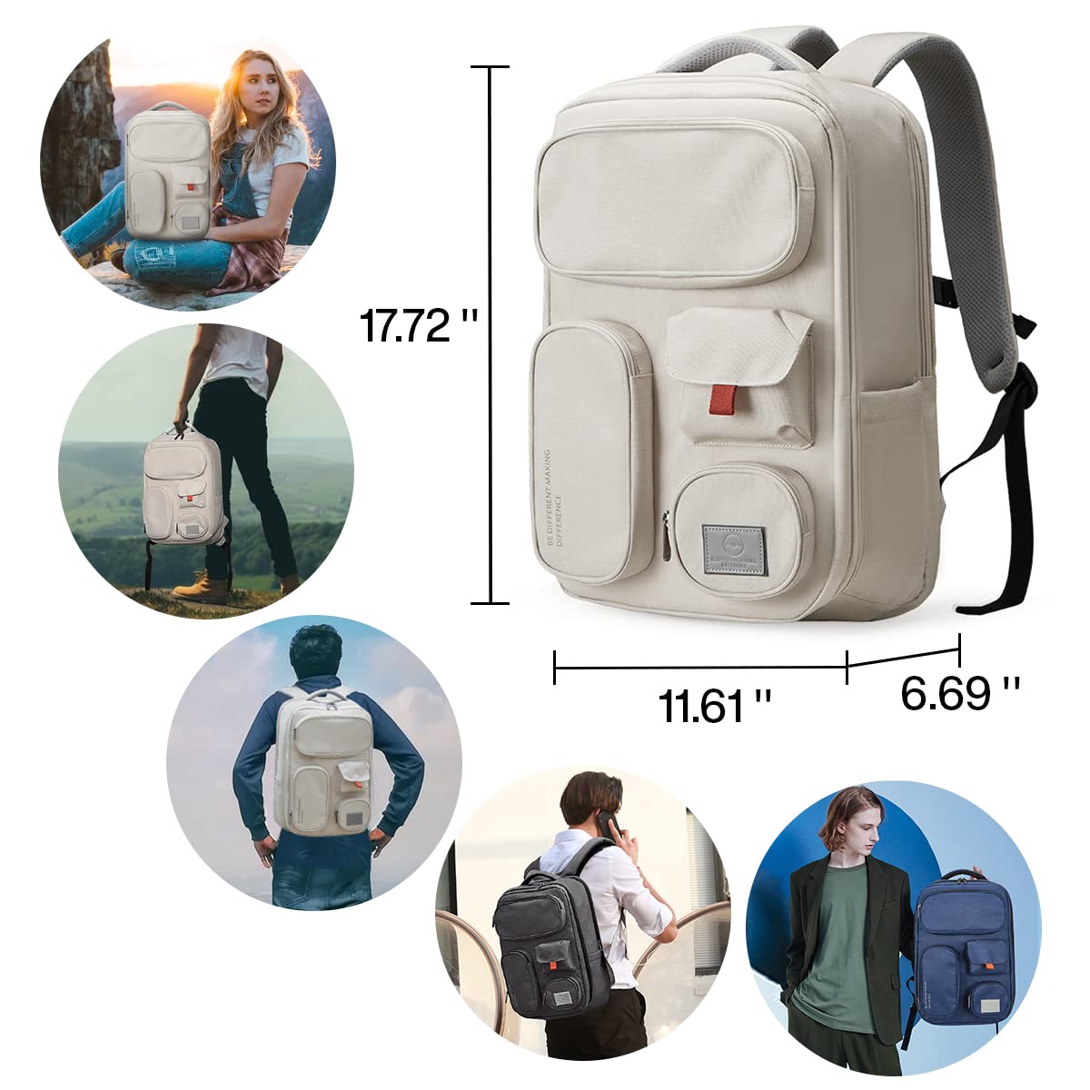 Mixi Travel Backpack for Women & Men 15.6'' Laptop Carry On Weekender Bag Outdoor Hiking with Multifunction Pockets 180° Open Water Resistant 18 Inch 22L, Moonlight White