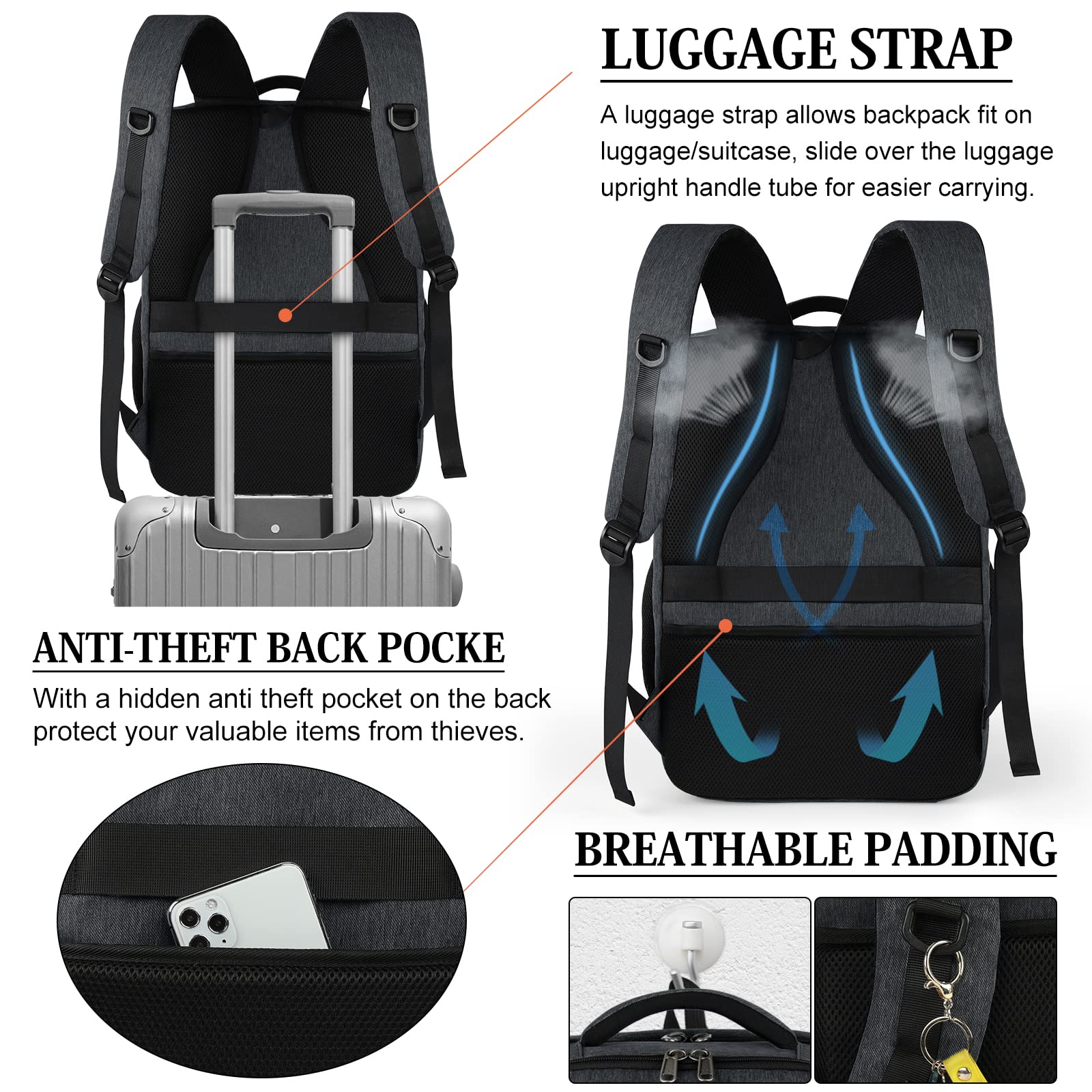 SDYSM Laptop Backpack 17.3 Inch TSA Friendly Travel Backpack for Men Women Waterproof Work College Business Bag with USB Charging Port Anti Theft Large Computer Carry On Backpack, Black