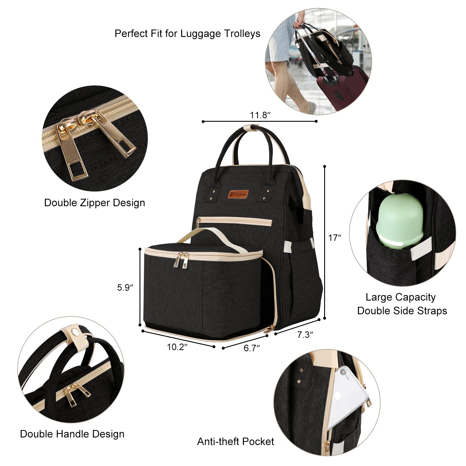 SIMBOOM Lunch Backpack for Women, Nurse Work Backpack for Men with Insulated Cooler Lunch Box, 17 Inch Laptop Backpack with USB Port (Black)