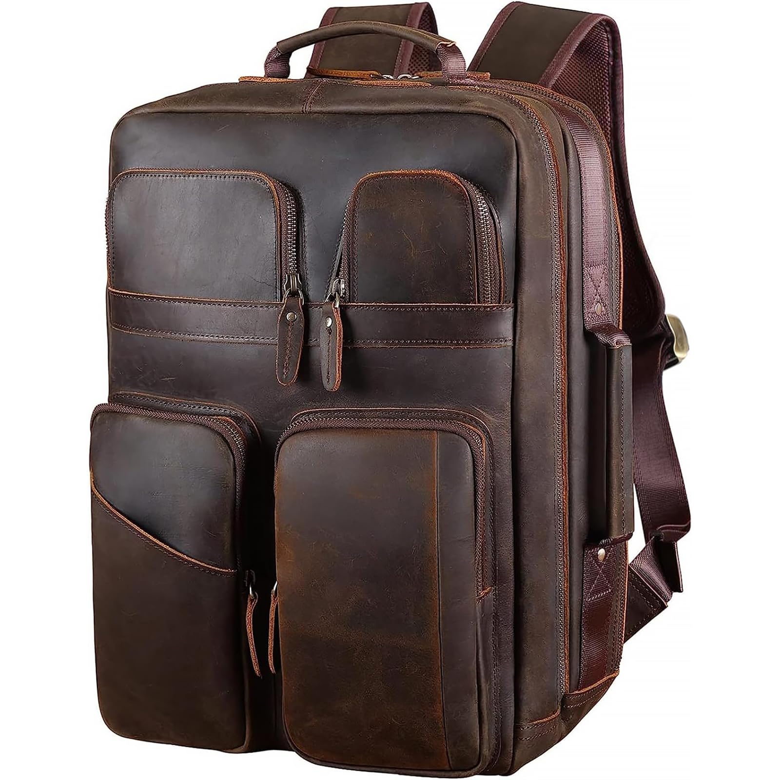 TIDING 17.3" Vintage Leather Laptop Backpack for Men Multi Pockets Casual School Daypack Travel Rucksack