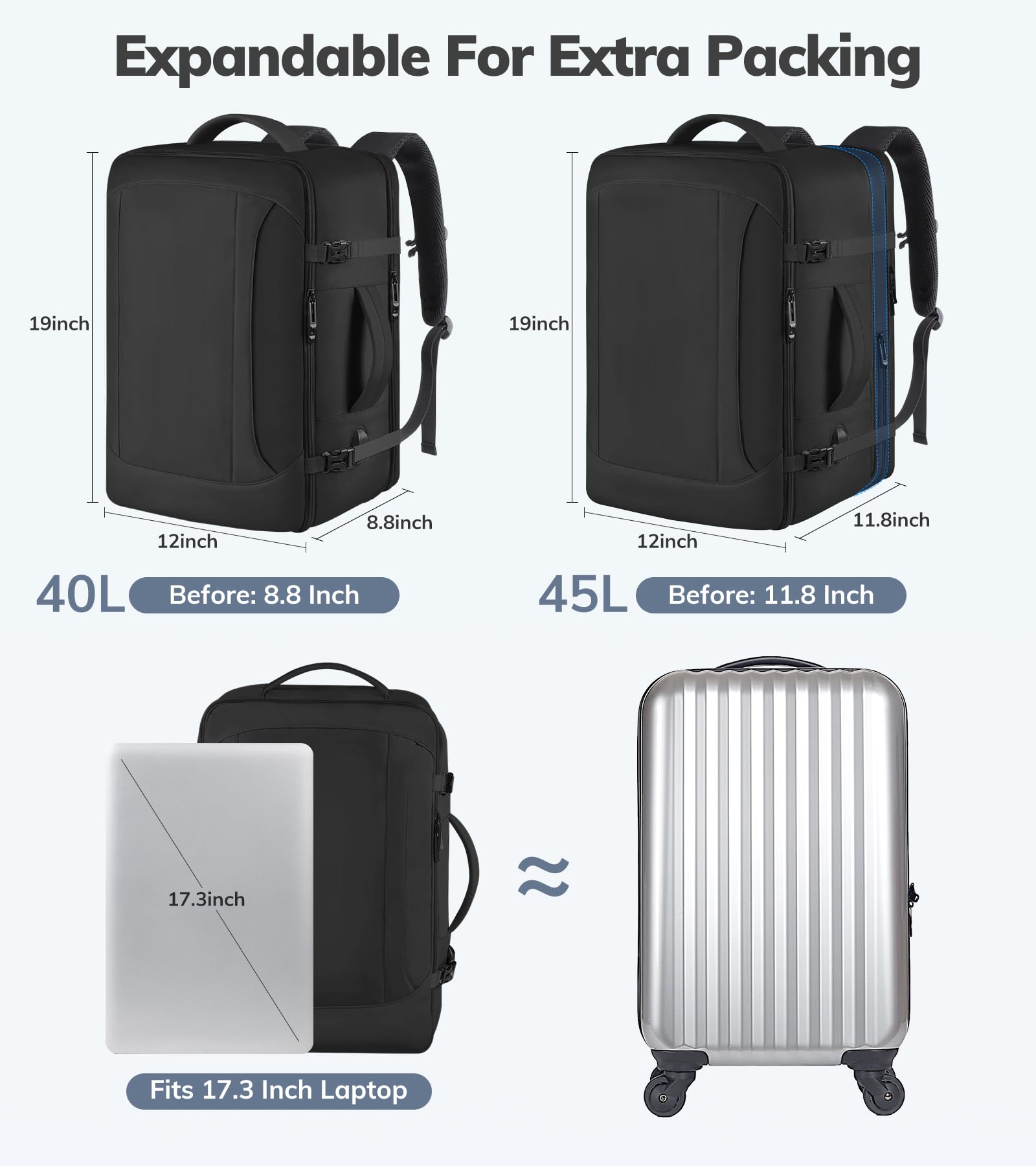 Carry On Backpack, Travel Backpack Airline Approved with USB Charging Port, Extra Large Backpack 50L Expandable Water Resistant Suitcase Luggage Weekender Bag, Travel Gifts for Men Women