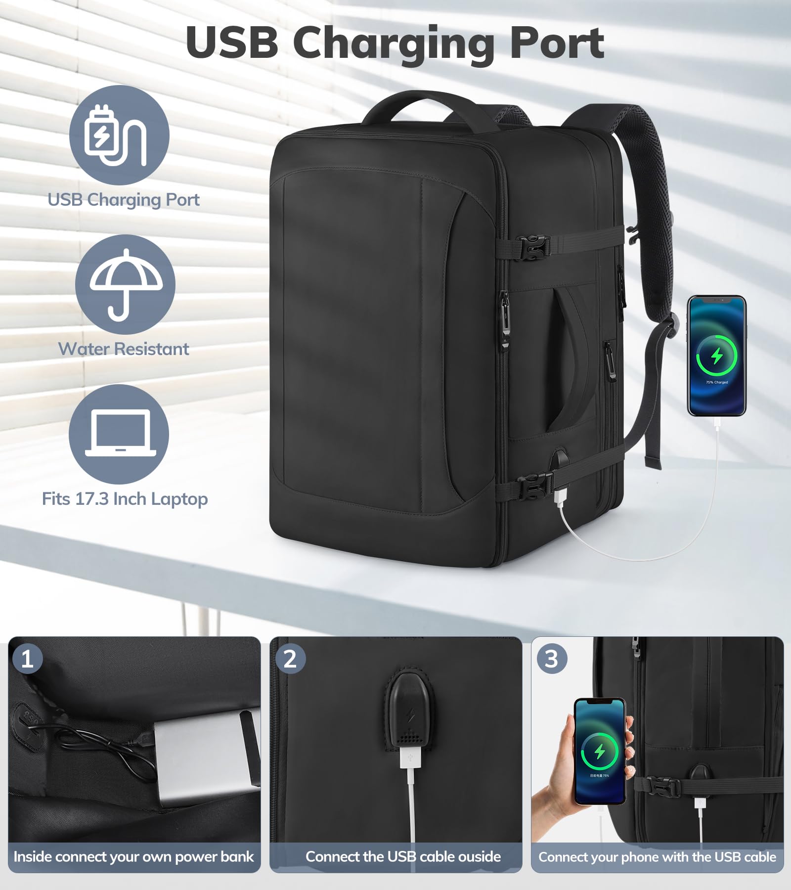 Carry On Backpack, Travel Backpack Airline Approved with USB Charging Port, Extra Large Backpack 50L Expandable Water Resistant Suitcase Luggage Weekender Bag, Travel Gifts for Men Women