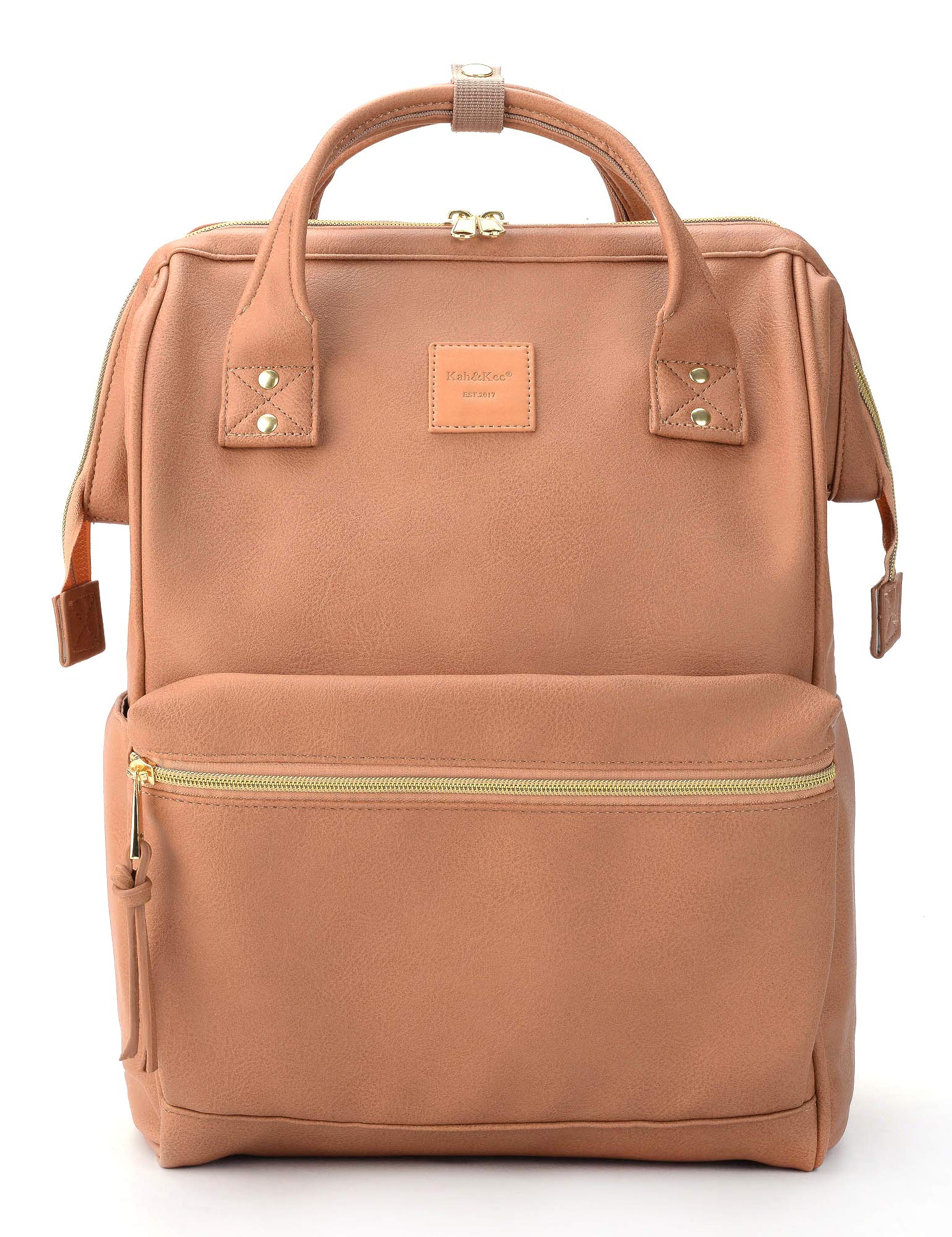Kah&Kee Leather Backpack Diaper Bag with Laptop Compartment Travel School for Women Man (Tan Pink, Large)