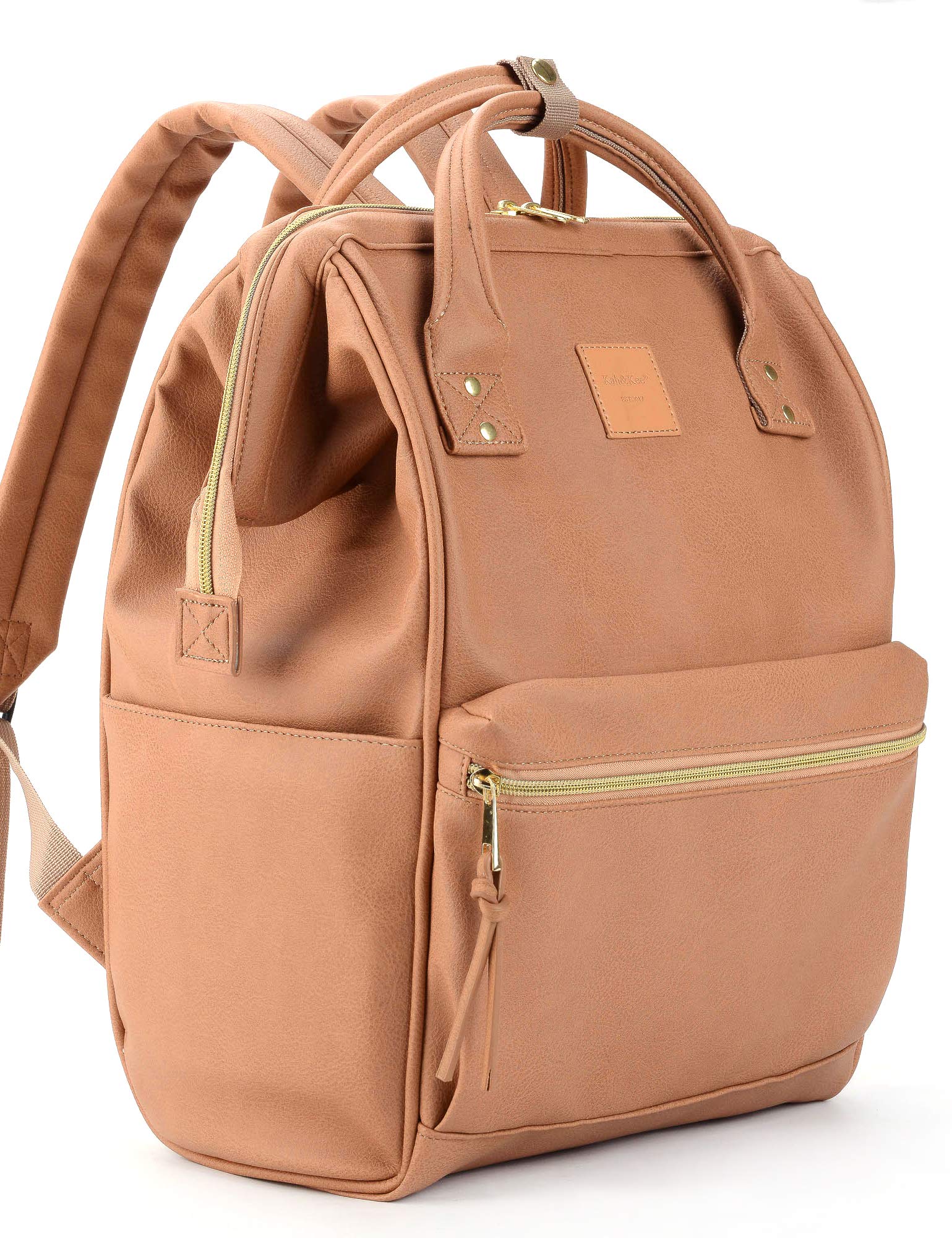 Kah&Kee Leather Backpack Diaper Bag with Laptop Compartment Travel School for Women Man (Tan Pink, Large)