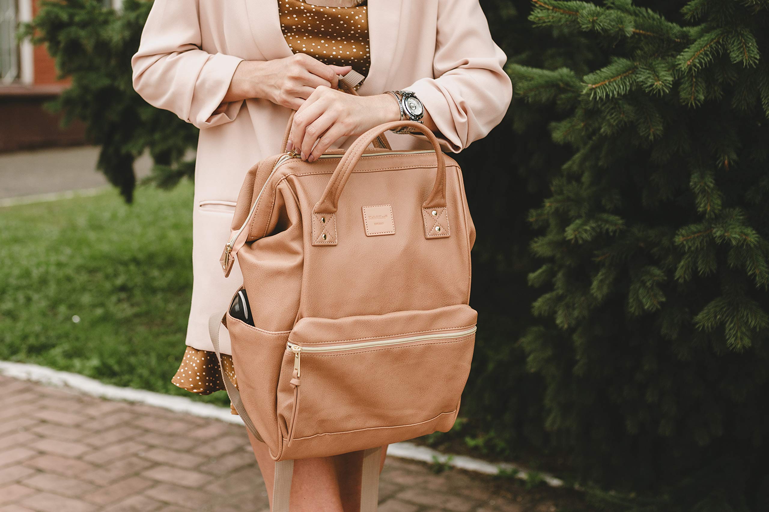 Kah&Kee Leather Backpack Diaper Bag with Laptop Compartment Travel School for Women Man (Tan Pink, Large)